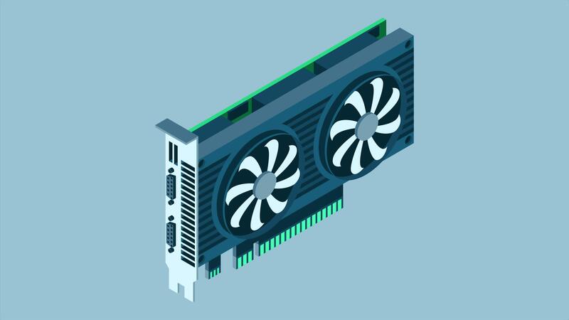 3d isometric graphic card animation. Isometric of device graphic card. Personal computer ...