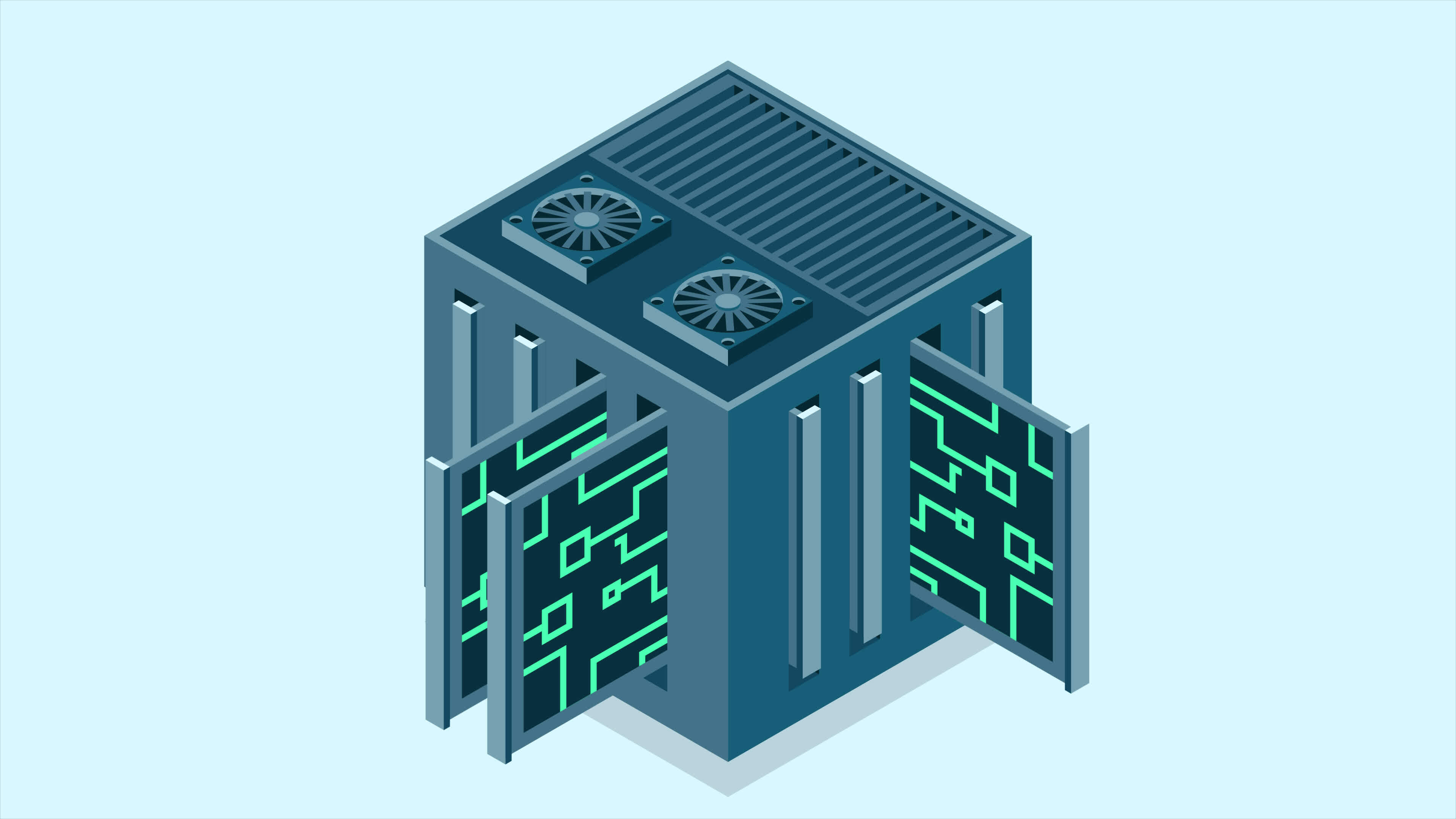 Isometric futuristic server animation. Isometric database or data center. Abstract blockchain ...