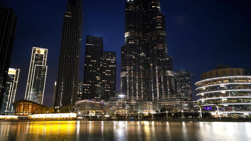 Nighttime Panorama of Burj Khalifa and Surrounding Skyscrapers, Stunning nighttime view of the ...