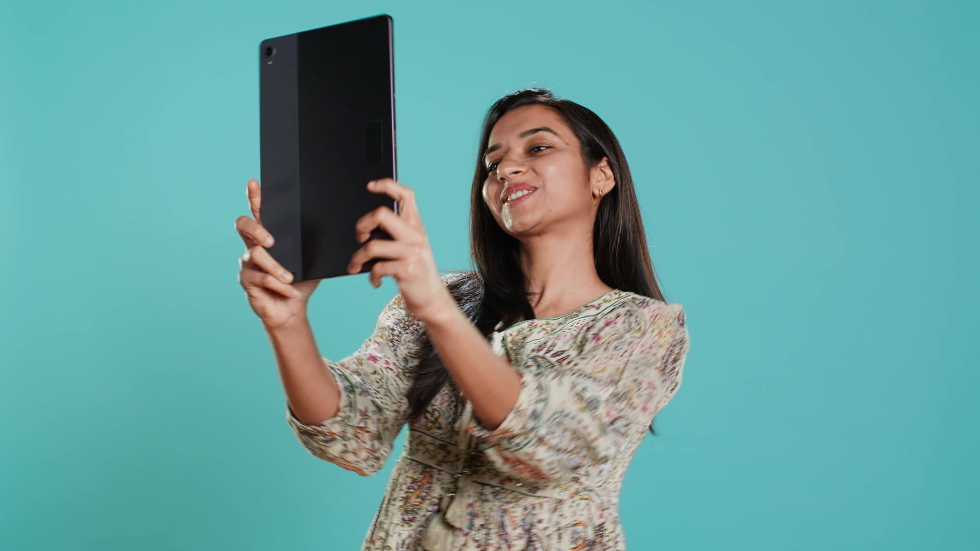 Indian Narcissistic Woman Using Tablet To Take Selfies From All Angles Vain Social Media User