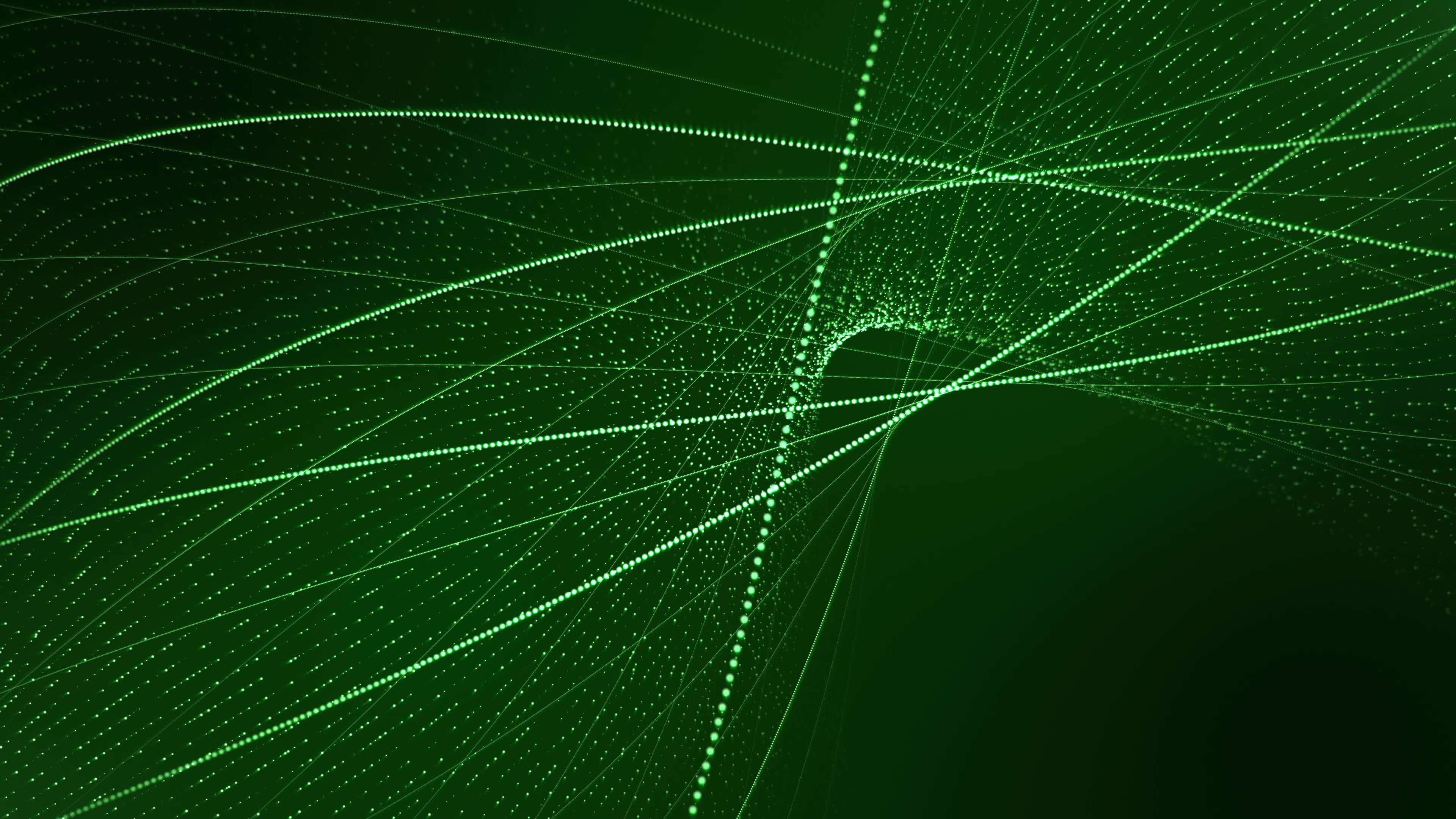 Seamless loop animation of abstract green wave of bright particles and curvy lines smoothly ...
