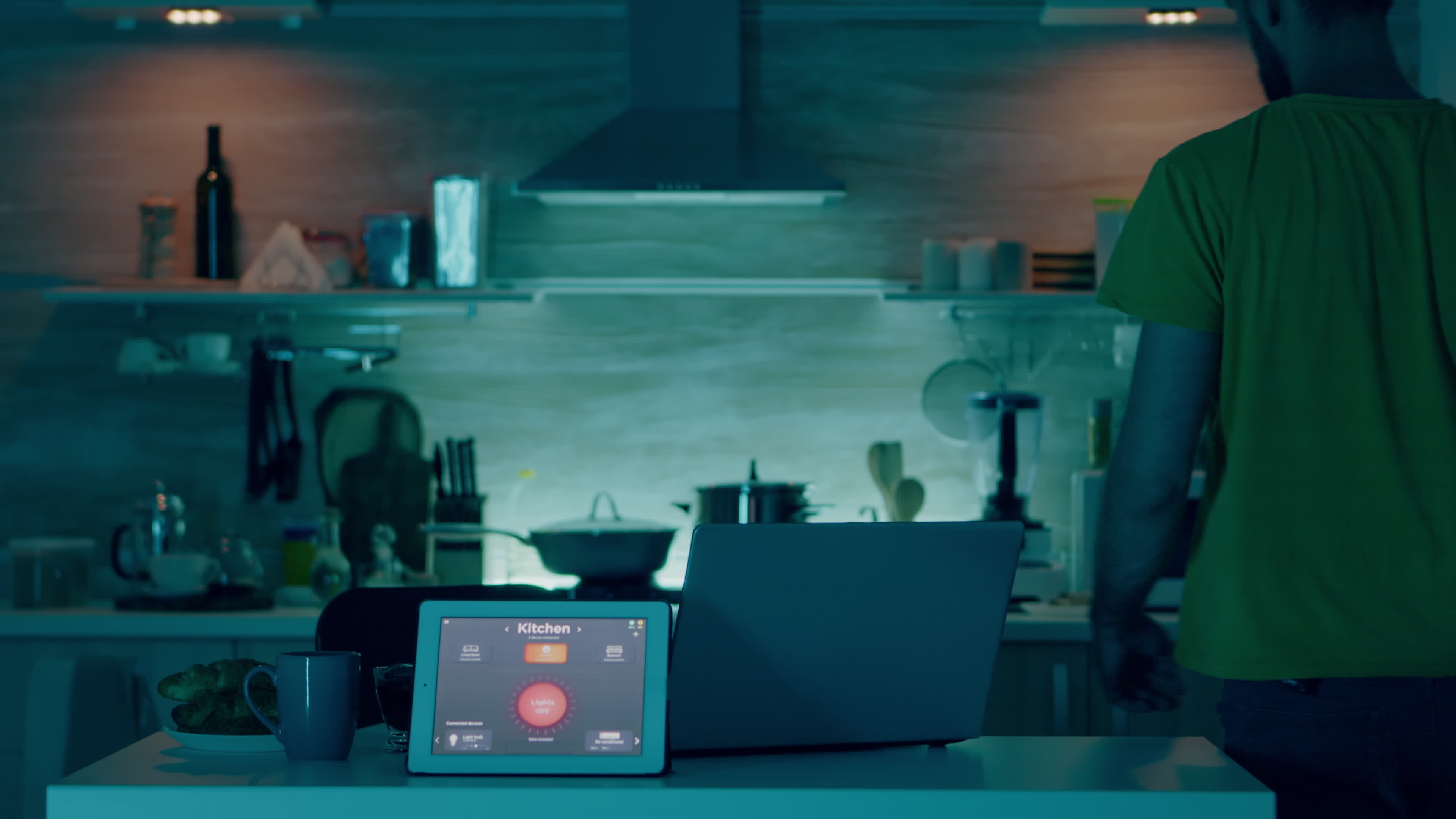 Remote Person Working In Modern House Giving Voice Command To Tablet With Smart Home Application