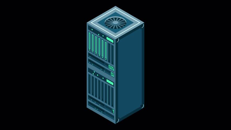 Isometric server animation. Network server room. 3D computer equipment. Storage database ...