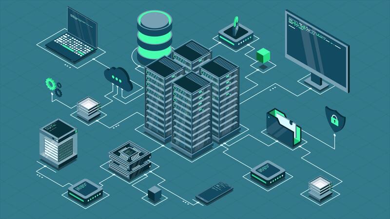 Isometric computer technology animation. Computation of big data center ...