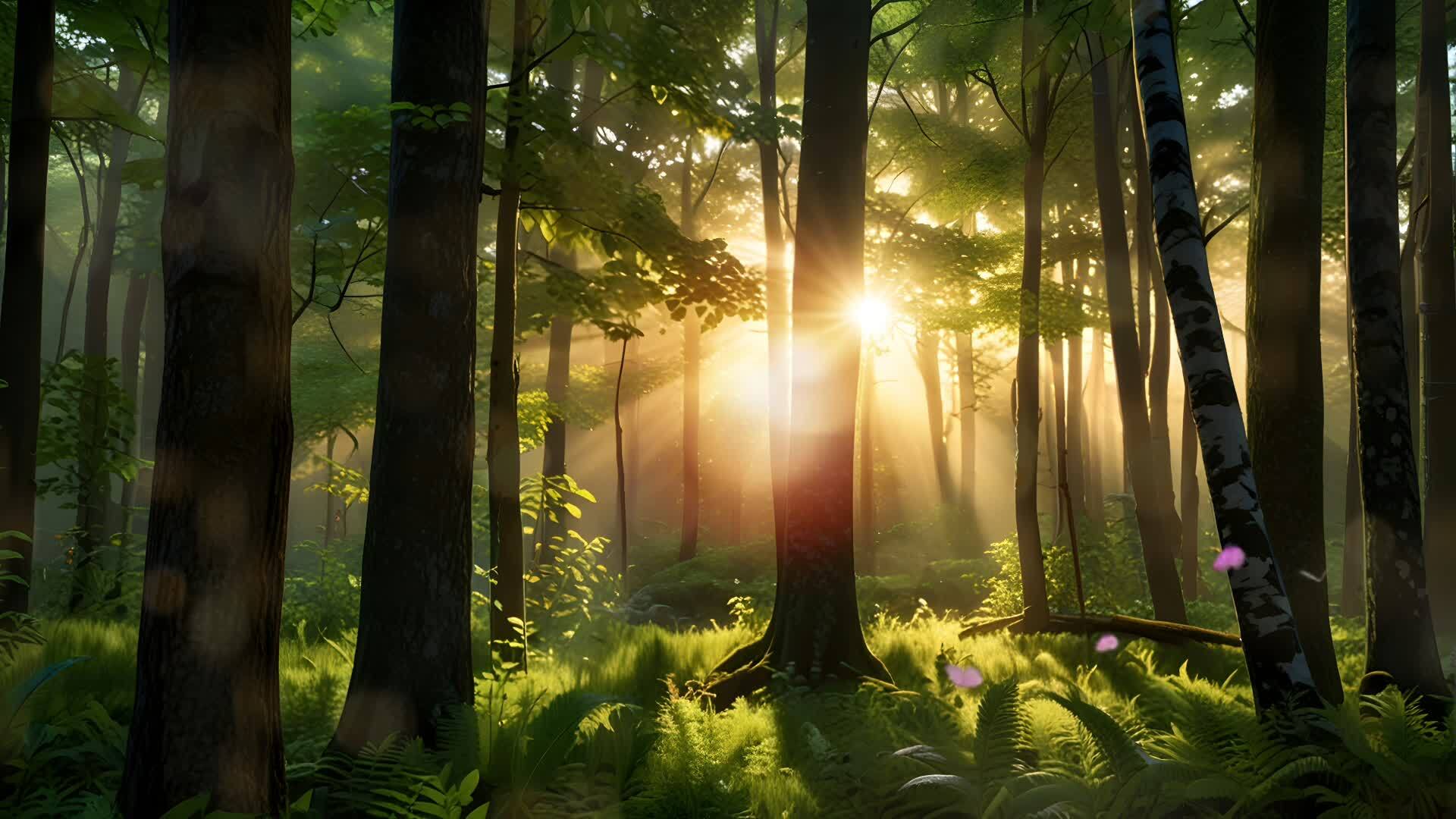 A serene forest path, surrounded by lush greenery, is illuminated by sunbeams piercing through ...