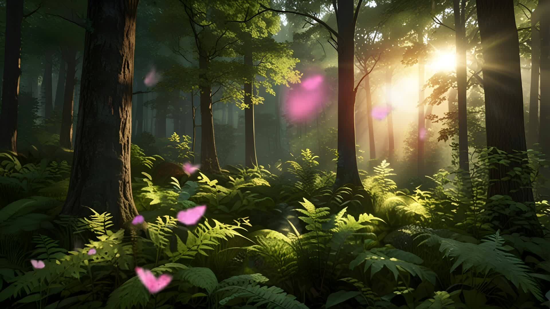 A serene forest path, surrounded by lush greenery, is illuminated by sunbeams piercing through ...