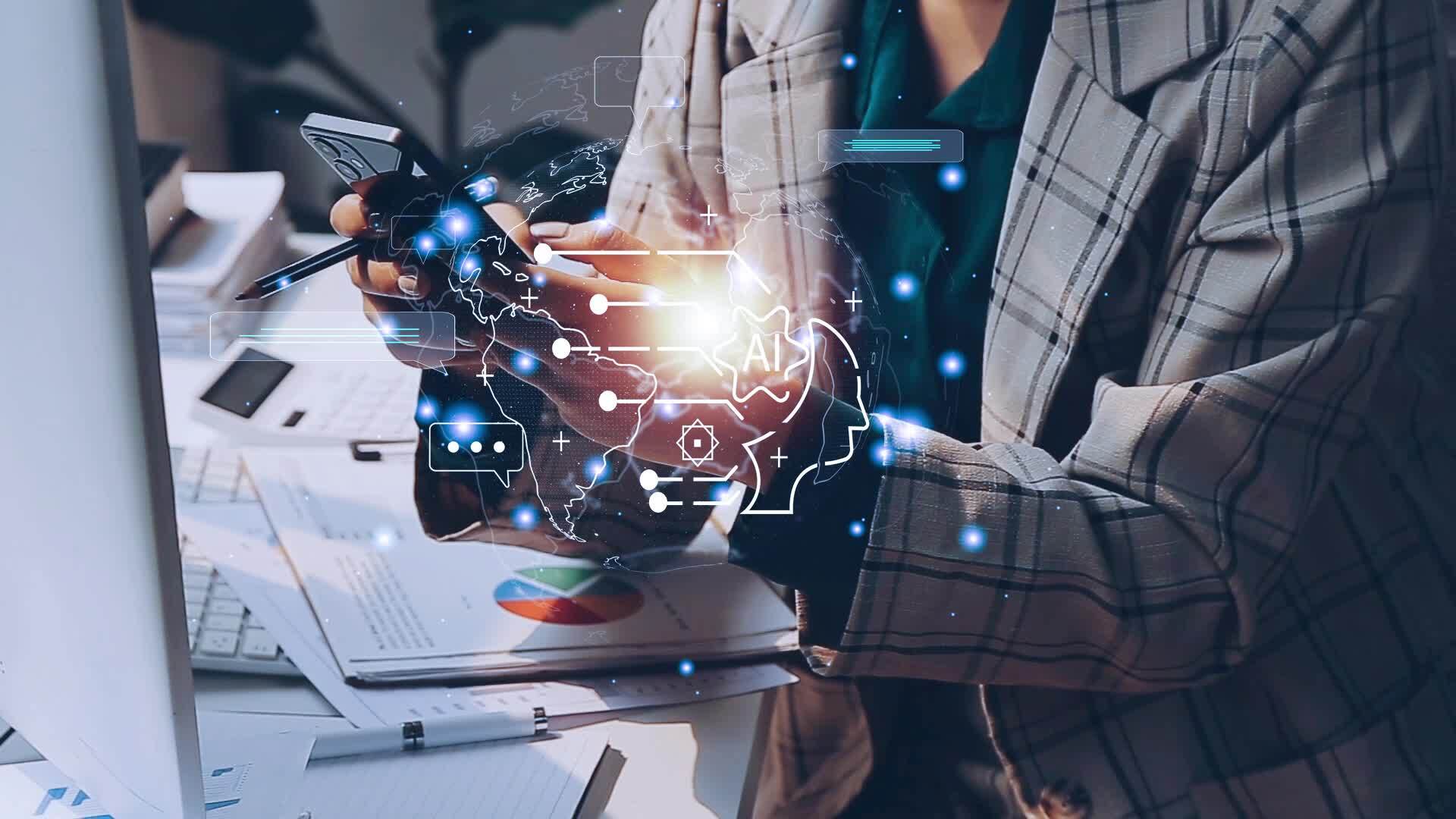 Ai tech, businessman show virtual graphic Global Internet connect Chatbot Chat with AI ...