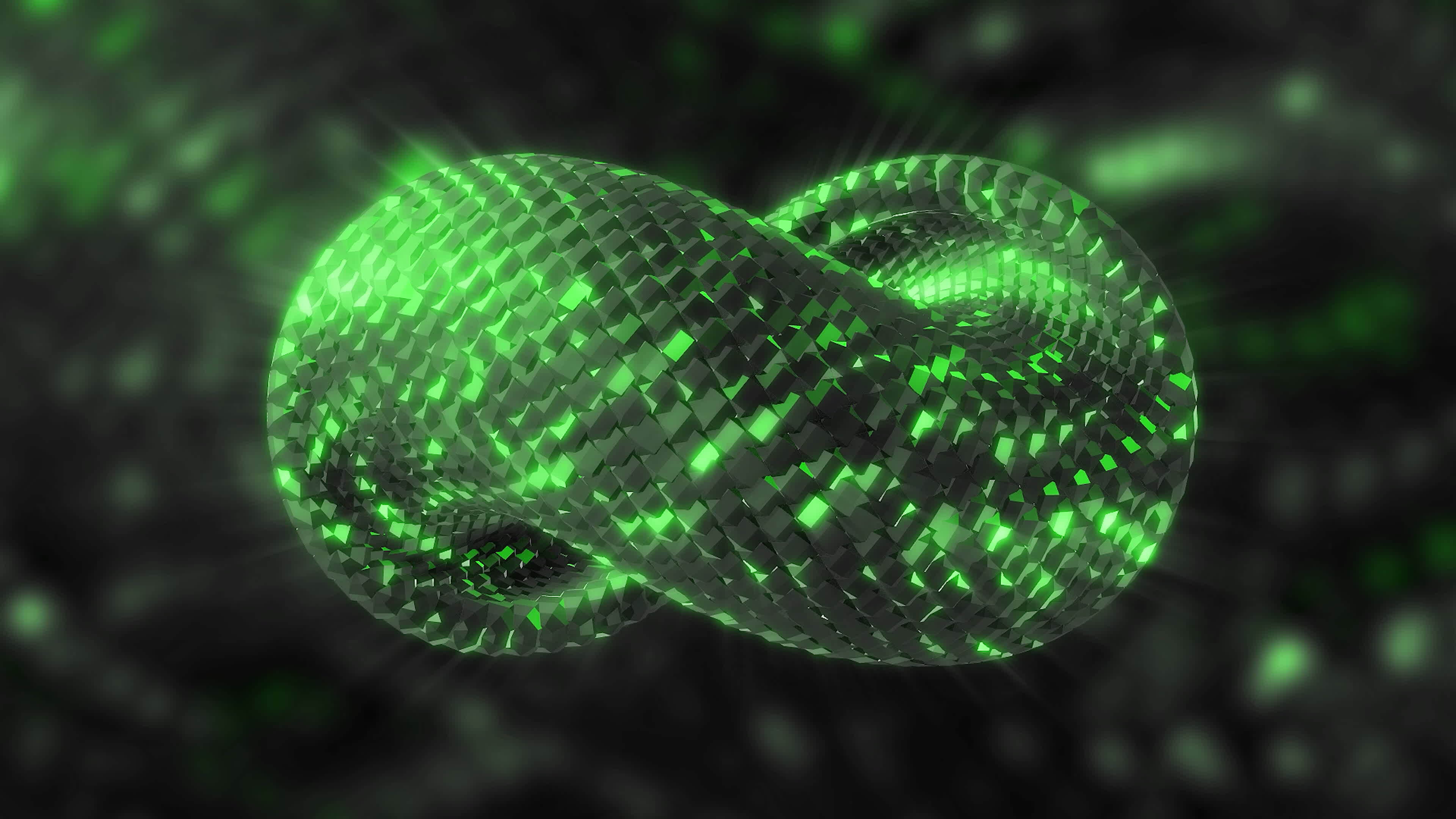 Cycled animation of 3d infinity symbol with green scales texture on shimmering background ...