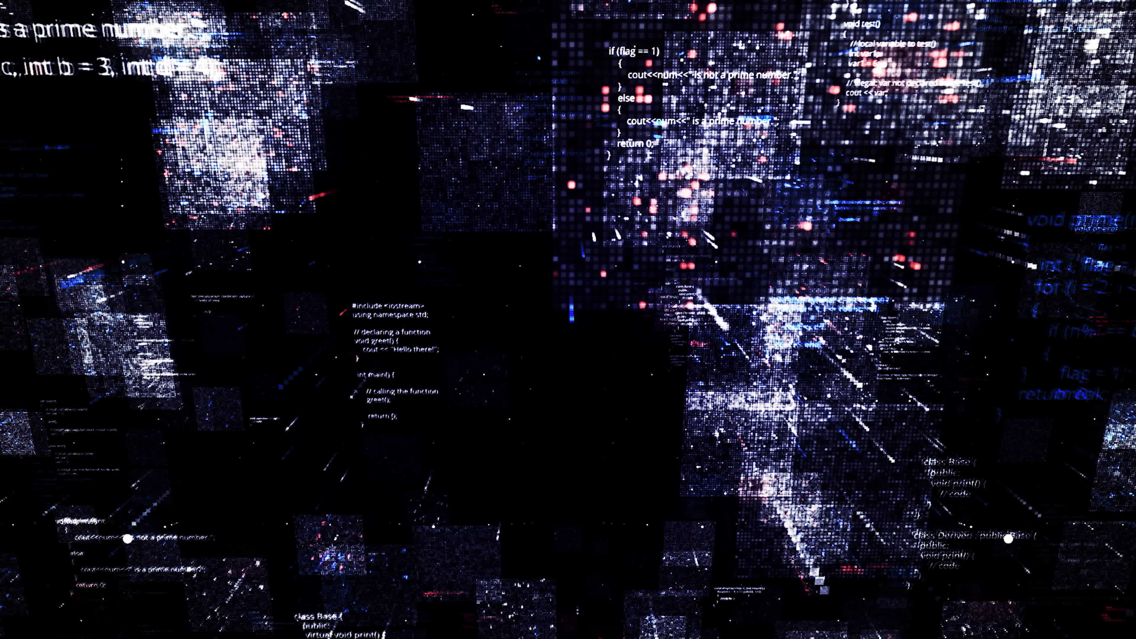 Digital program codes moving asymmetrically on a dark screen. Animation ...