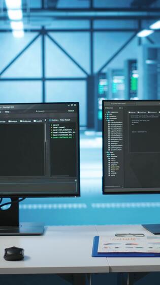Vertical Lines of code running on computer screens in data center, used for troubleshooting ...