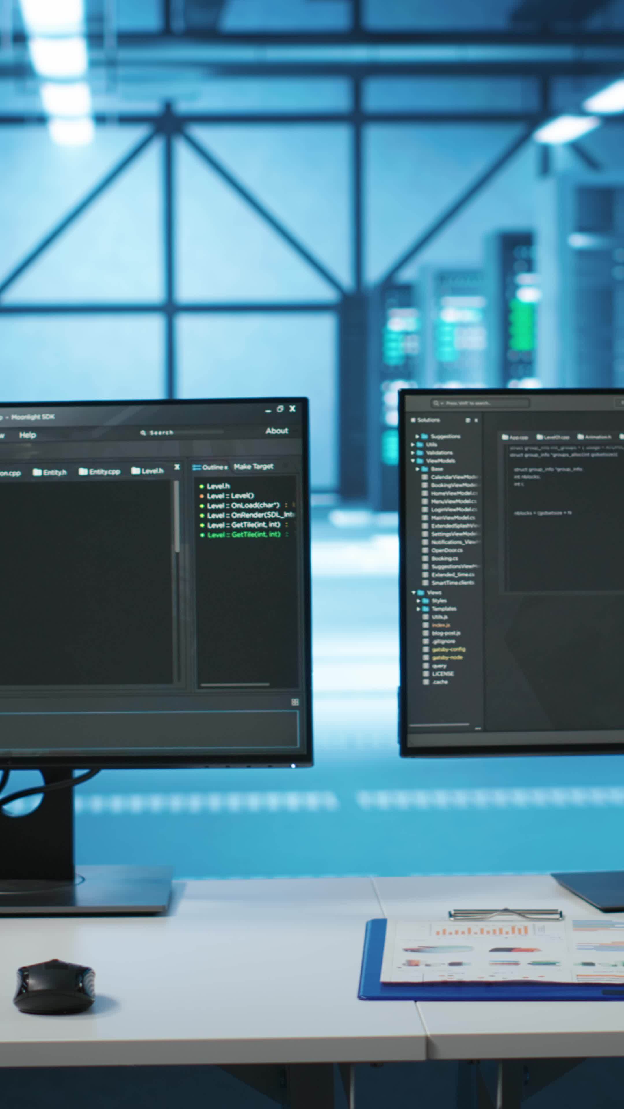 Vertical Lines Of Code Running On Computer Screens In Data Center Used For Troubleshooting