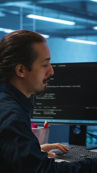 Vertical Engineers Coding Together In High Tech Server Hub Using