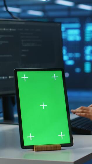 Vertical Focus on isolated screen tablet next to admin programming in server room providing ...