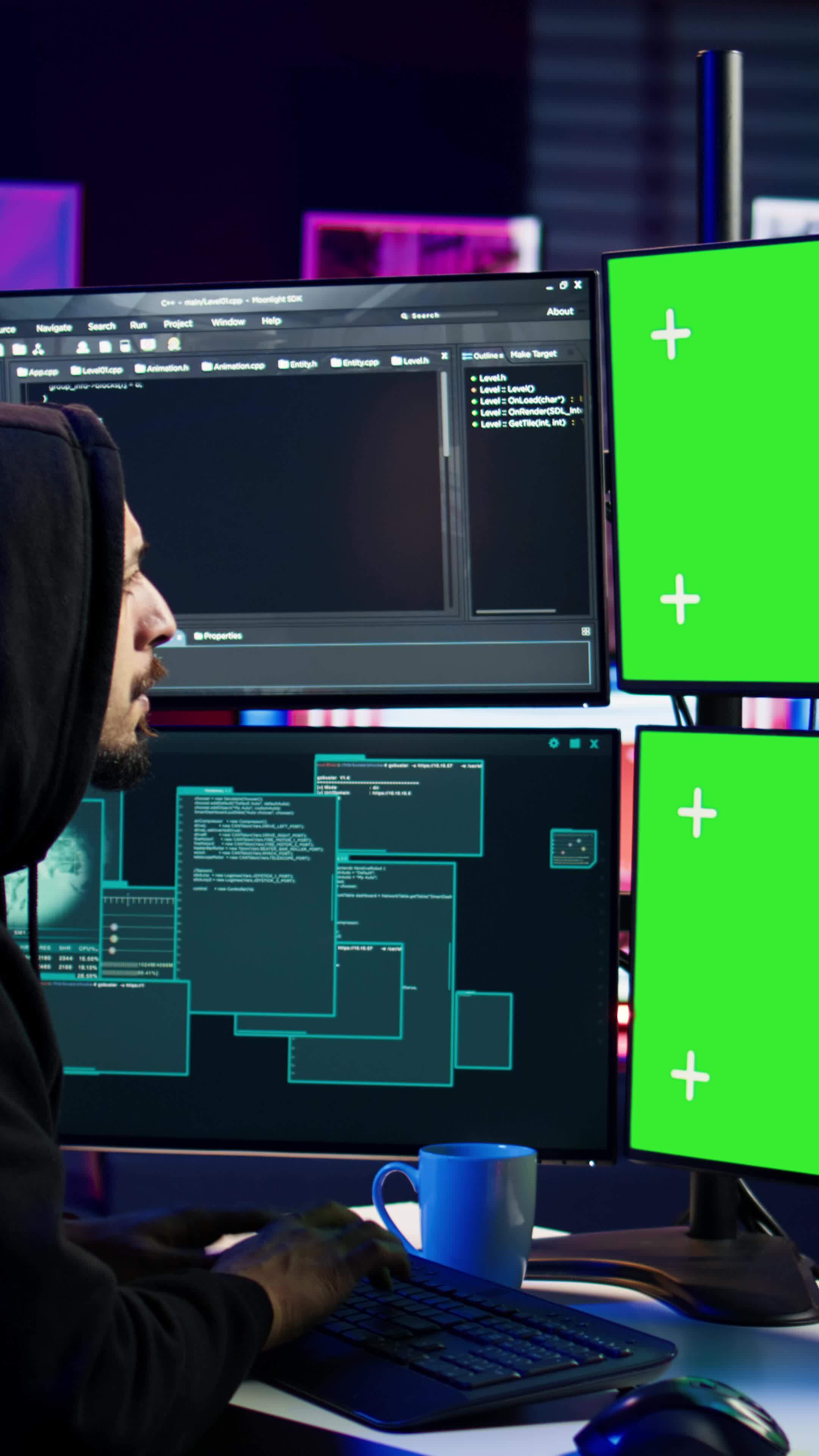 Vertical Hacker Developing Spyware Software On Green Screen Computer To