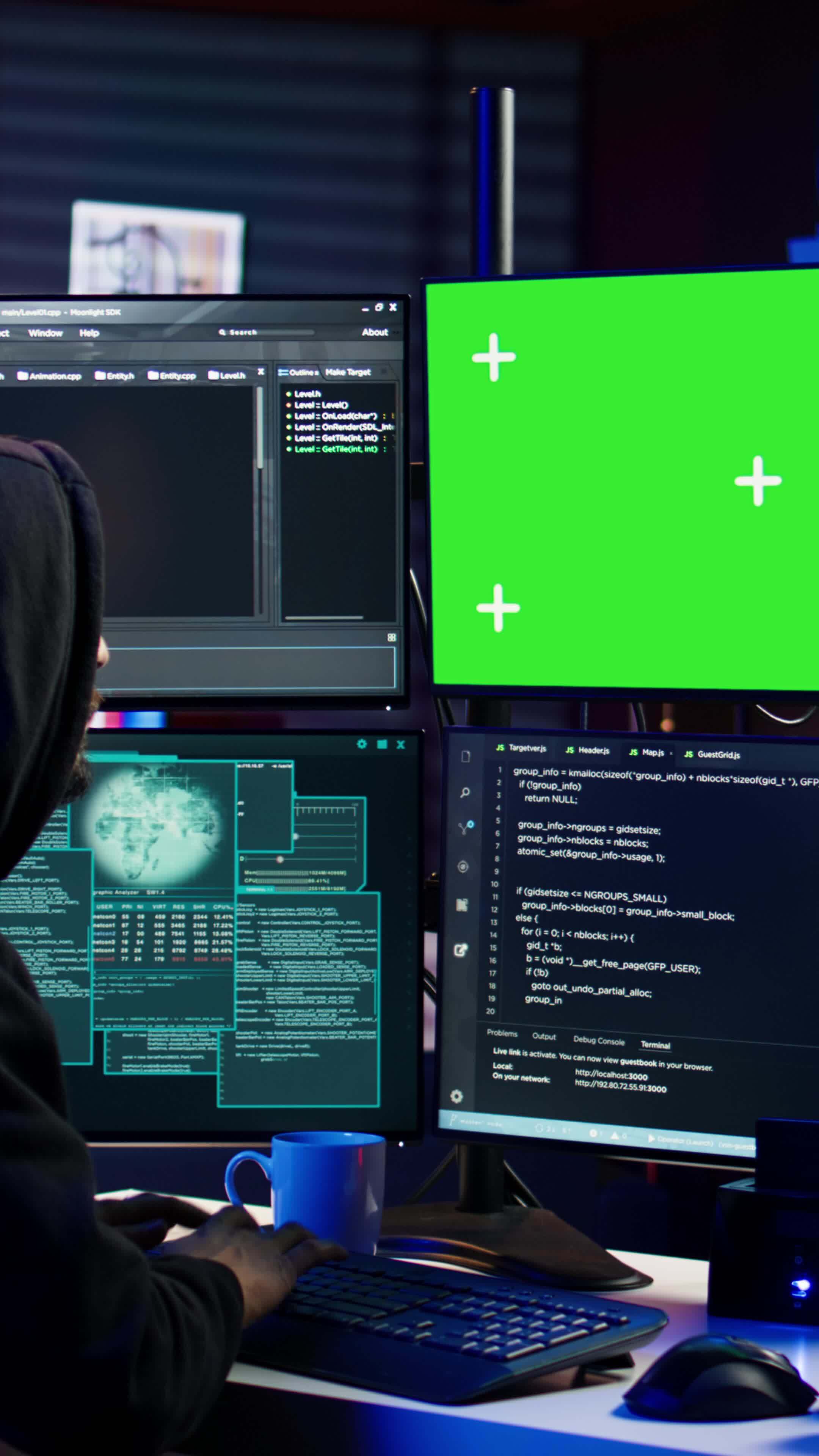 Vertical Hacker Coding On Isolated Screen Computer Monitors Developing Zero Day Exploit