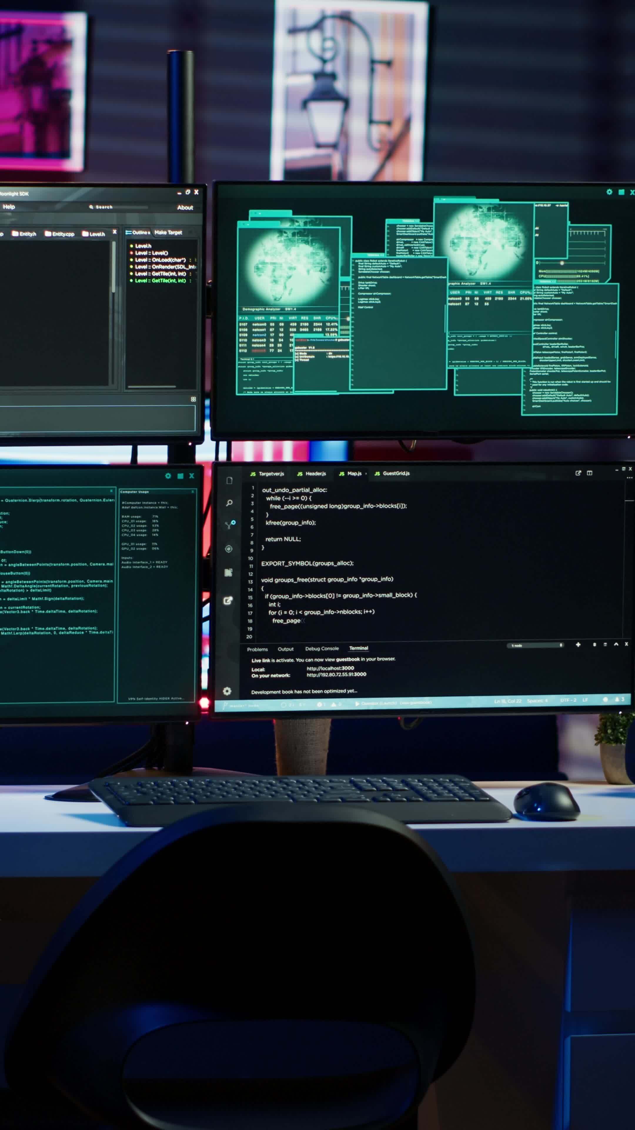 Vertical Script Running On Computer In Secret Base Of Operations Used By Hacker To Steal Data 7635