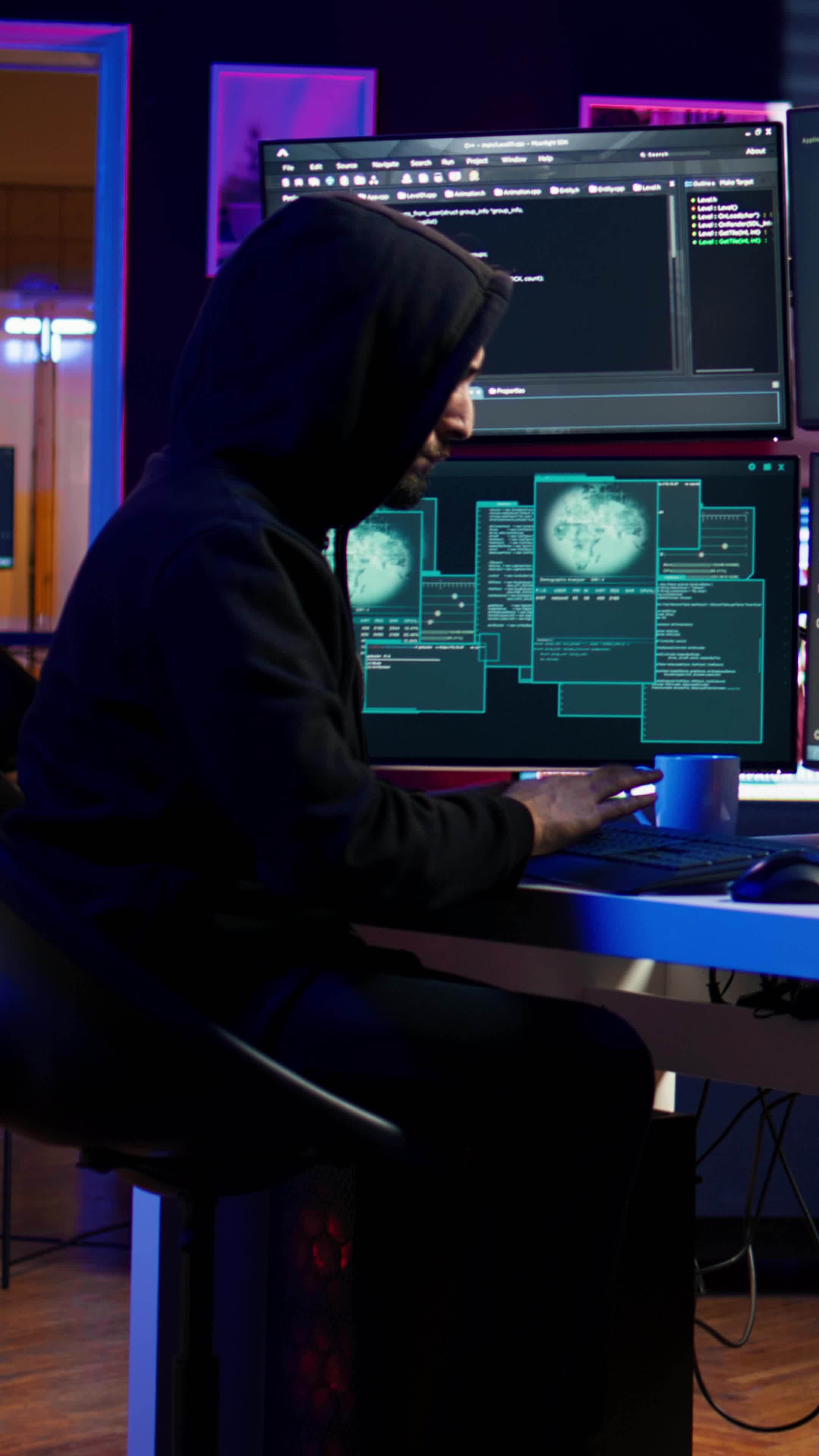 Vertical Hacker Stealing Credit Card Numbers While Listening Music Through Headphones Evil