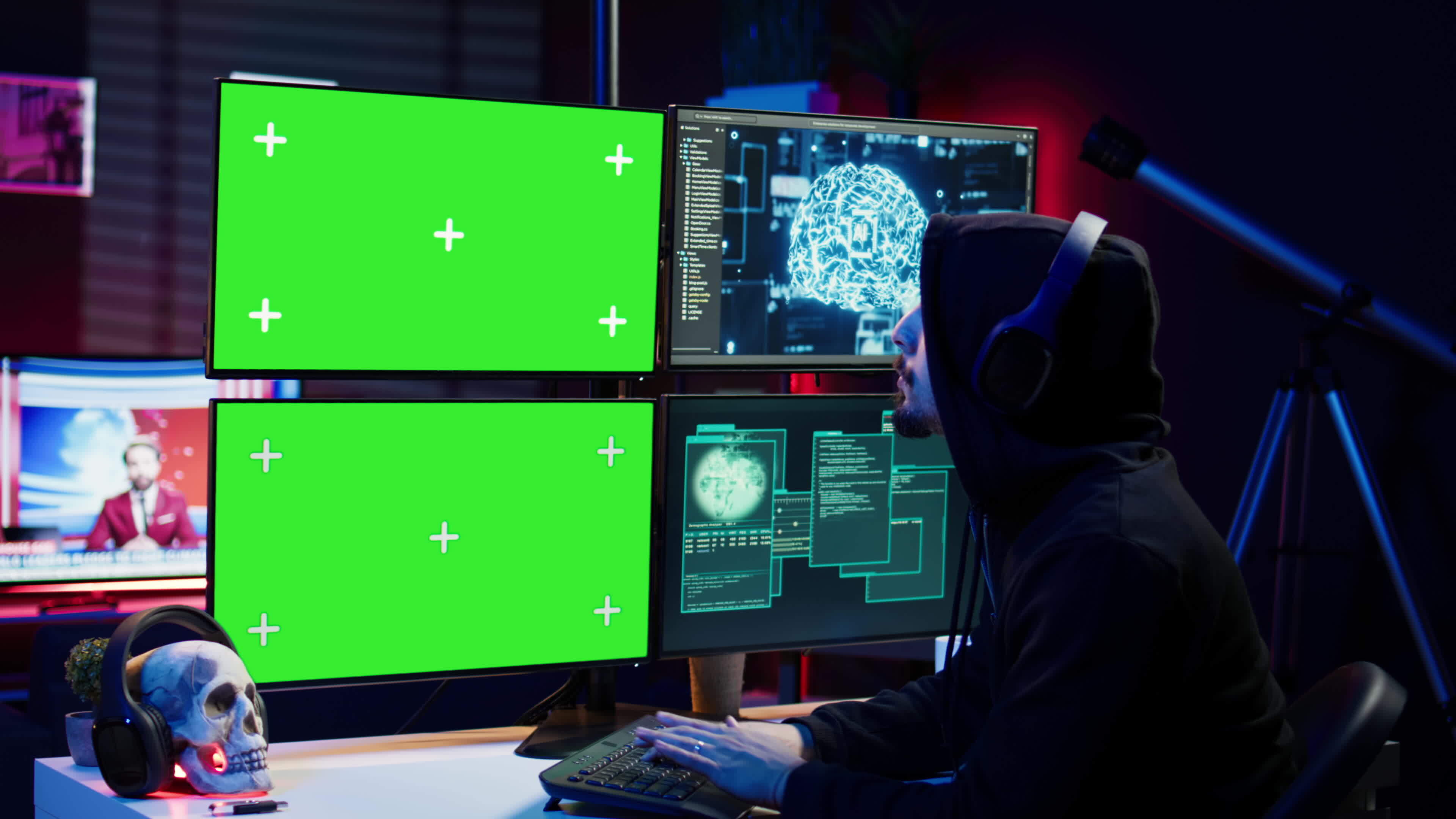 Hacker Listening Music While Using Isolated Screen Pc And Ai To Steal