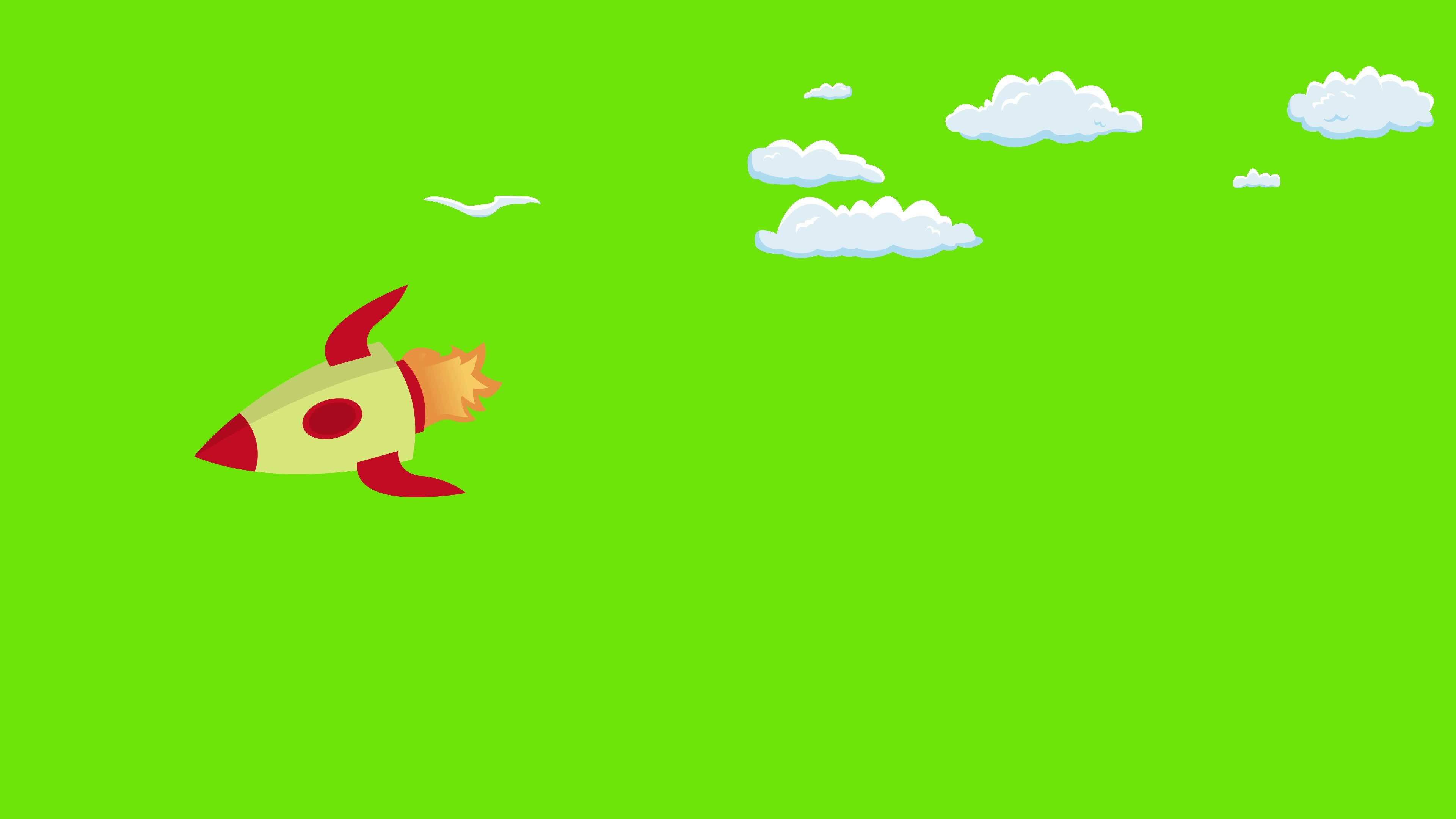 Cartoon rocket launch with clouds animation on green screen background, space launch system, 2d ...