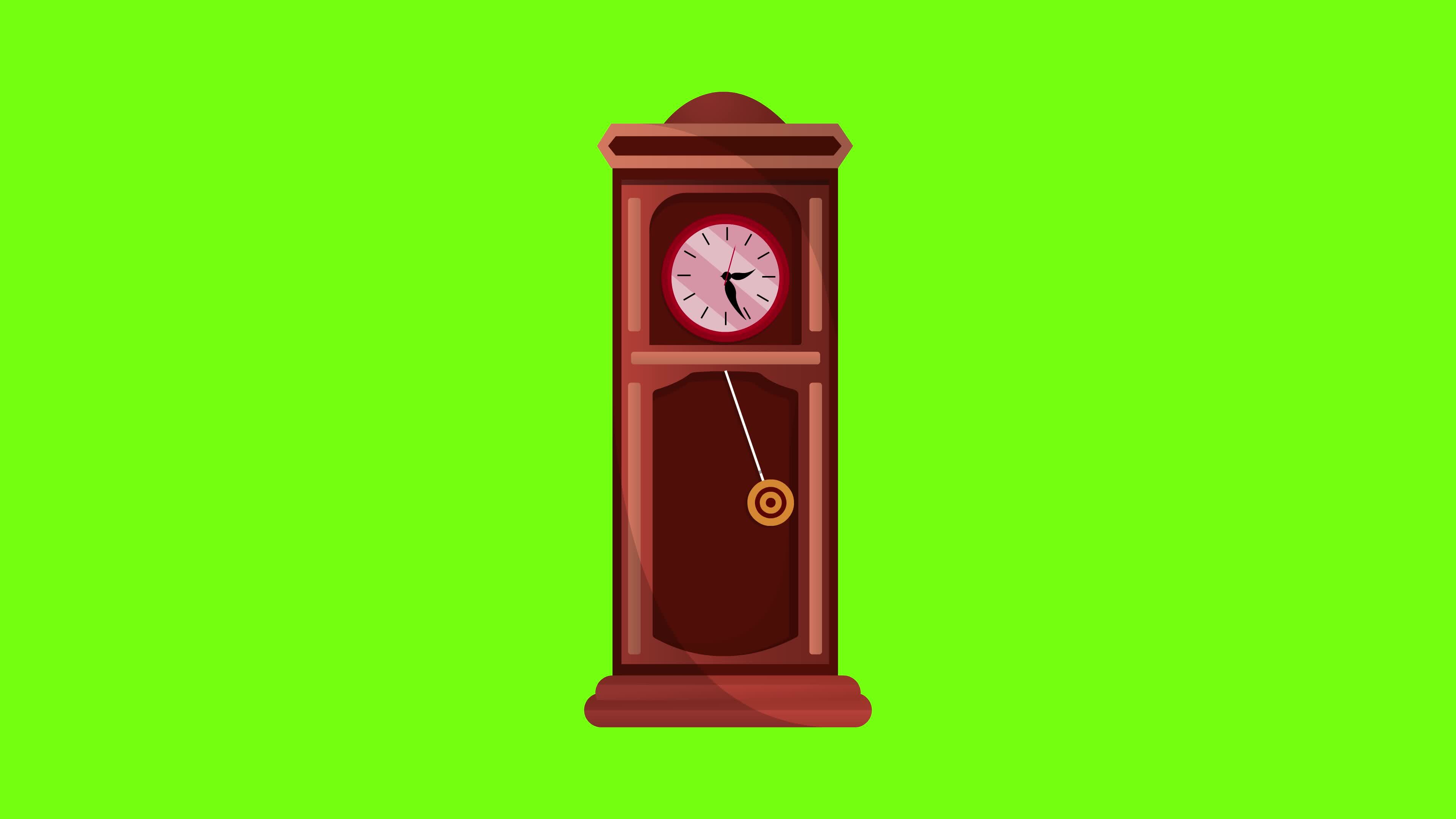 Animation of antique pendulum clock, wood cartoon clock with a pendulum animated 4k on green ...