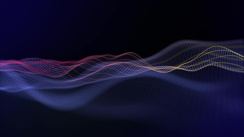 Seamless Loop Background With Abstract Waveform Made Of Blue Particles And Orange Yellow Curvy