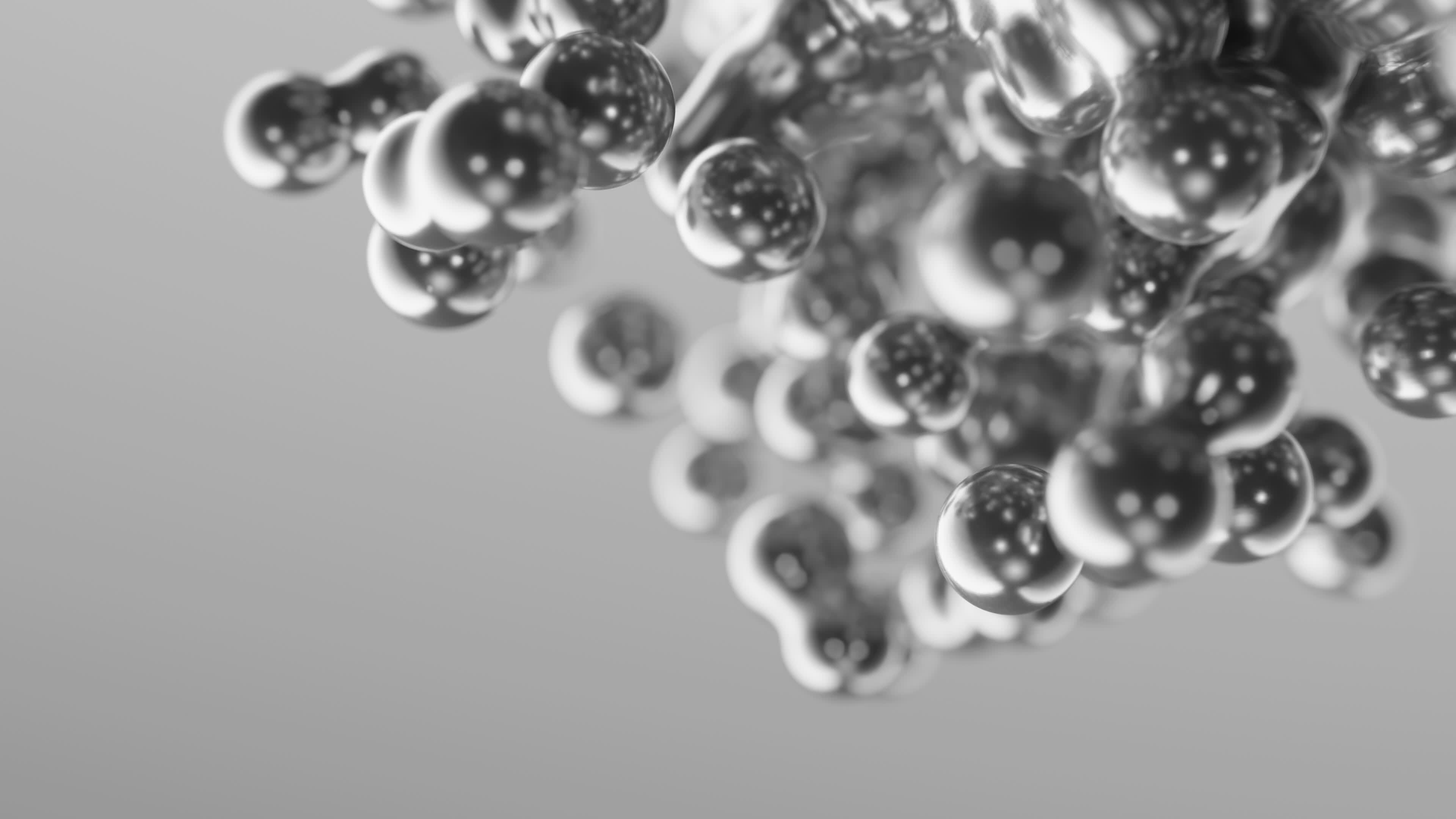 Seamless 3D render animation abstract silver metallic gray morphing slow motion moving molecules ...