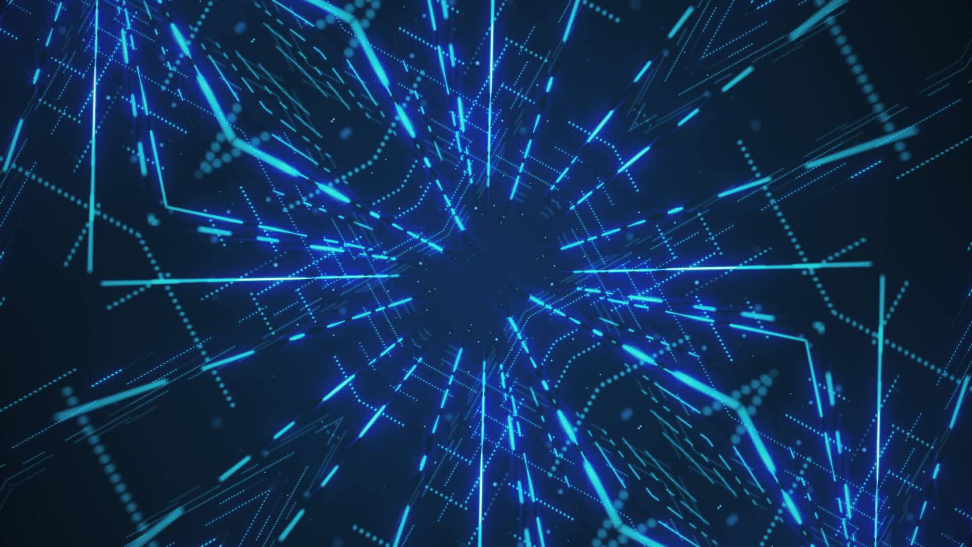 A Futuristic Blue Grid Network Of Blinking Digital Data Lights And Floating Particles