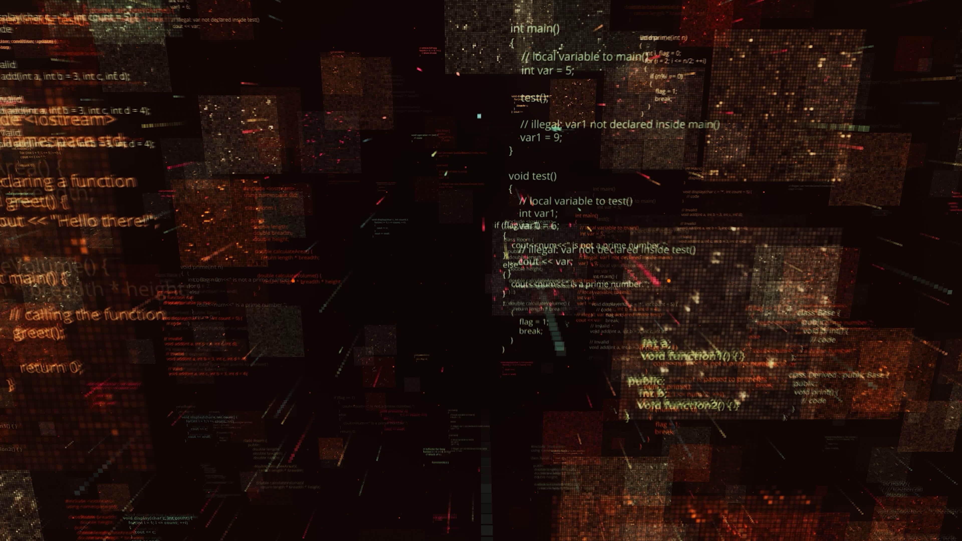 Digital program codes moving asymmetrically on a dark screen. Animation. Visualization of the ...