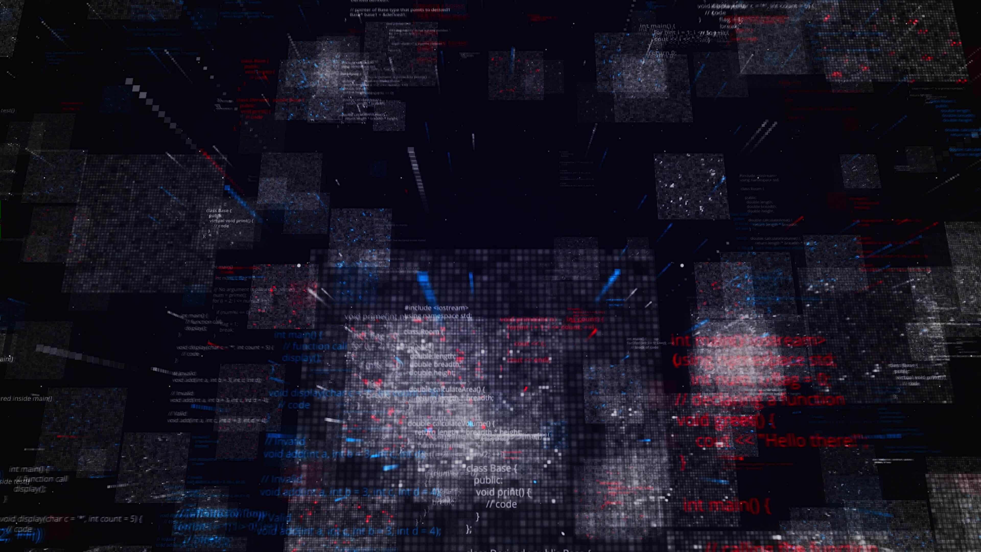 Digital program codes moving asymmetrically on a dark screen. Animation. Visualization of the ...