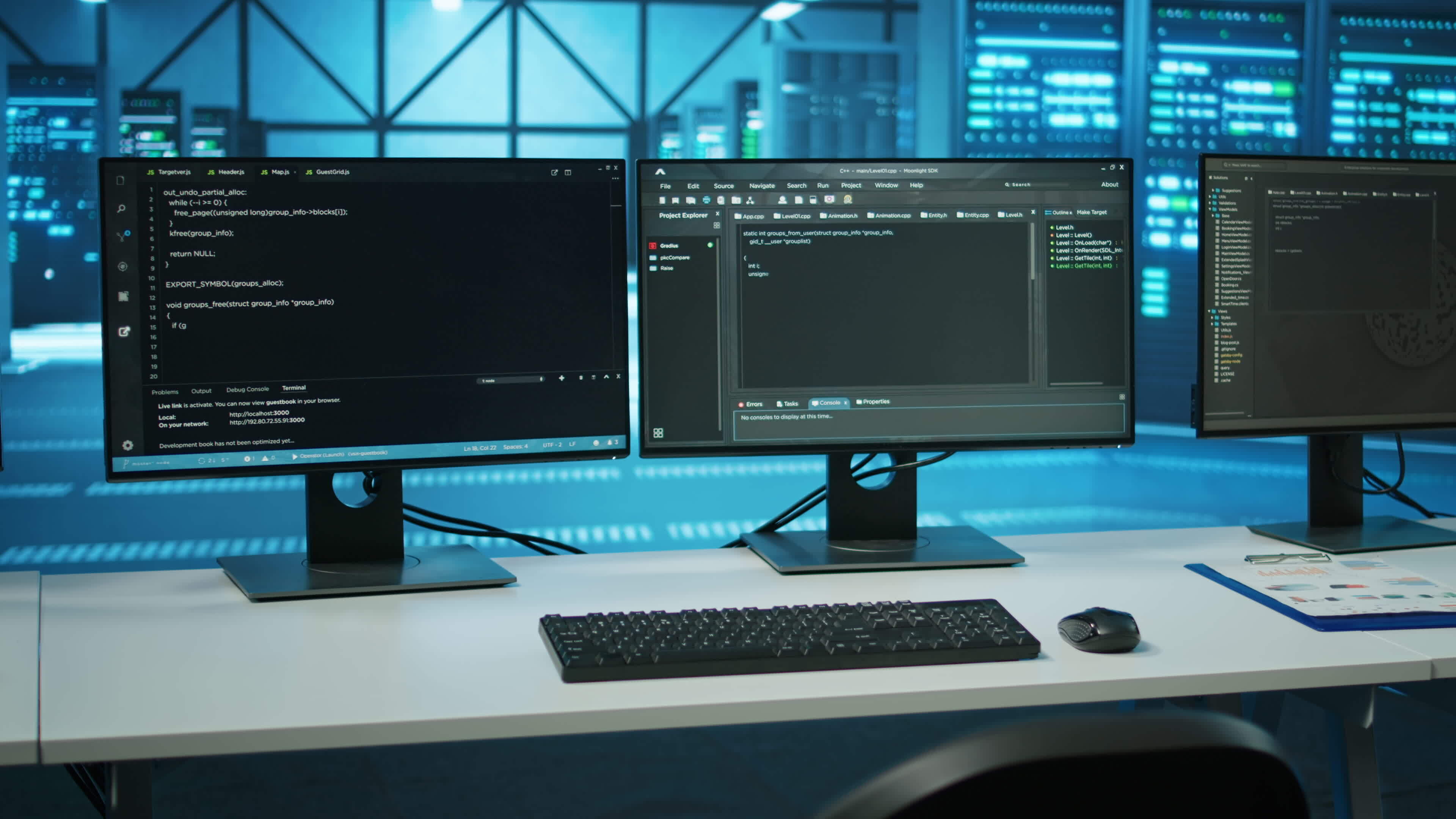 Lines Of Code Running On Computer Screens In Data Center Used For Troubleshooting Rackmounts In