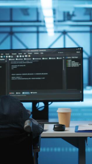 Vertical Person with disability next to multiracial coworkers in data center coding on computer ...