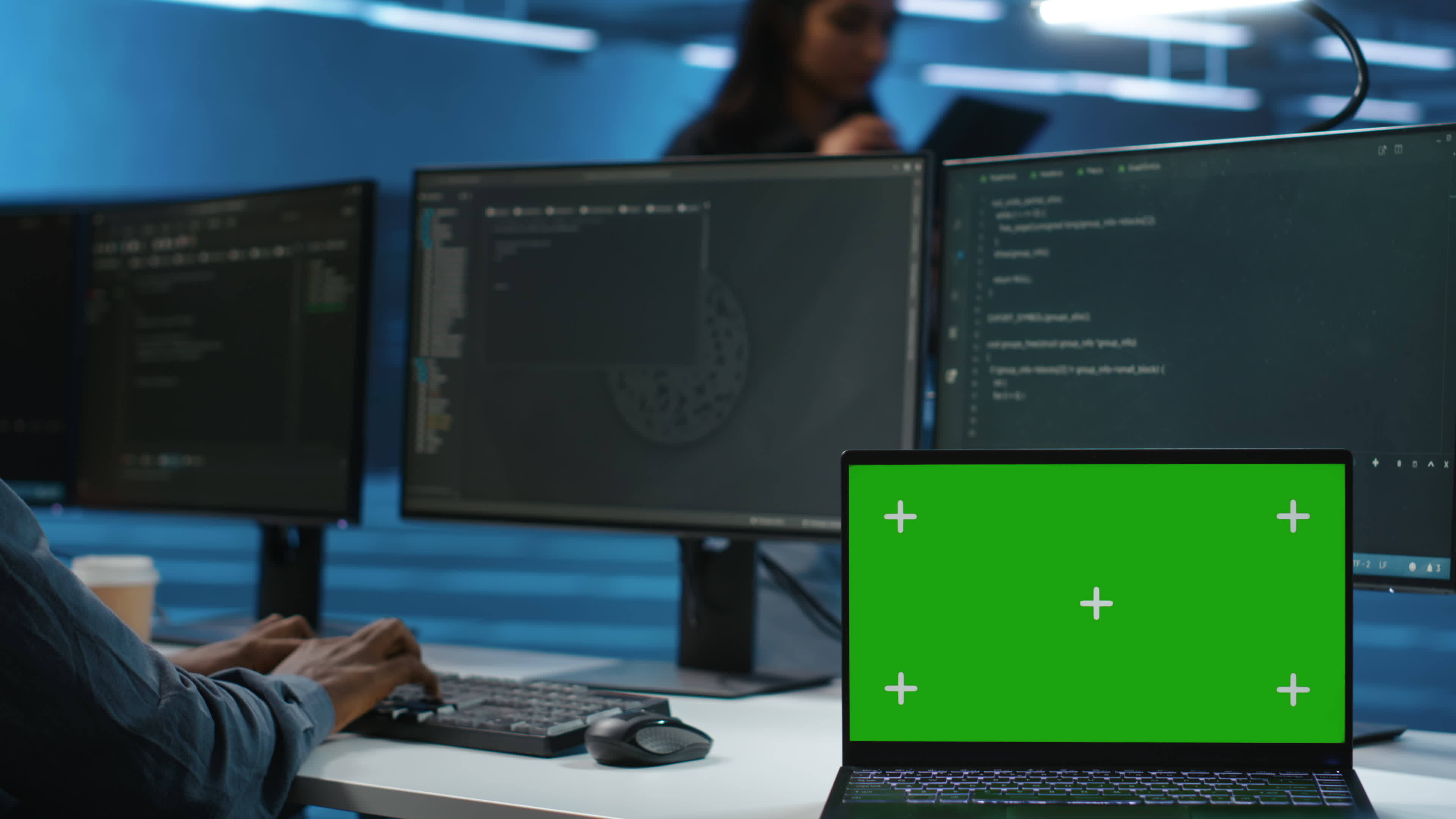 Expert in server hub workspace using isolated screen PC monitor to ...