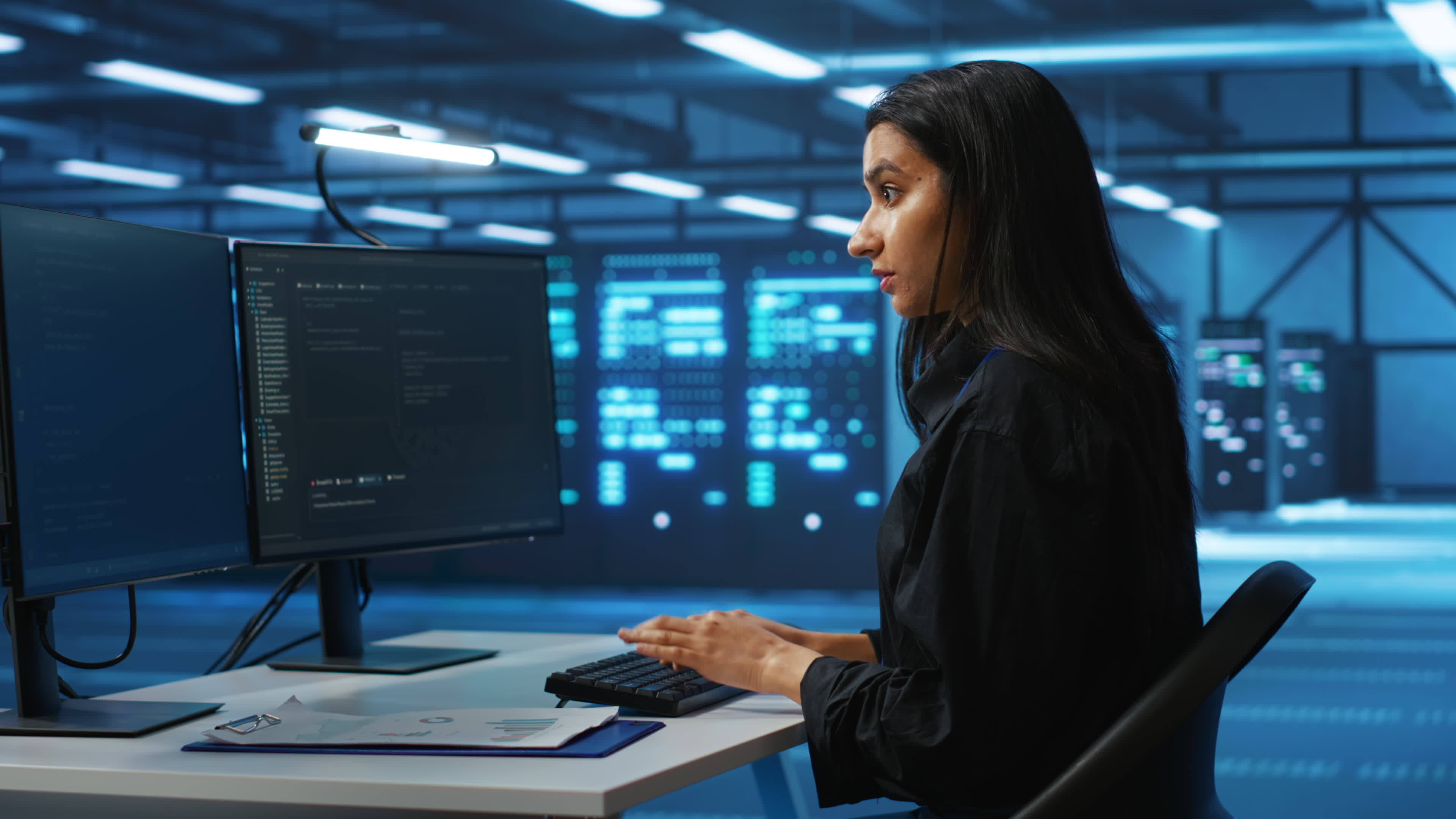 Technician Working In High Tech Server Room Analyzing Data On Multiple Monitors Ensuring