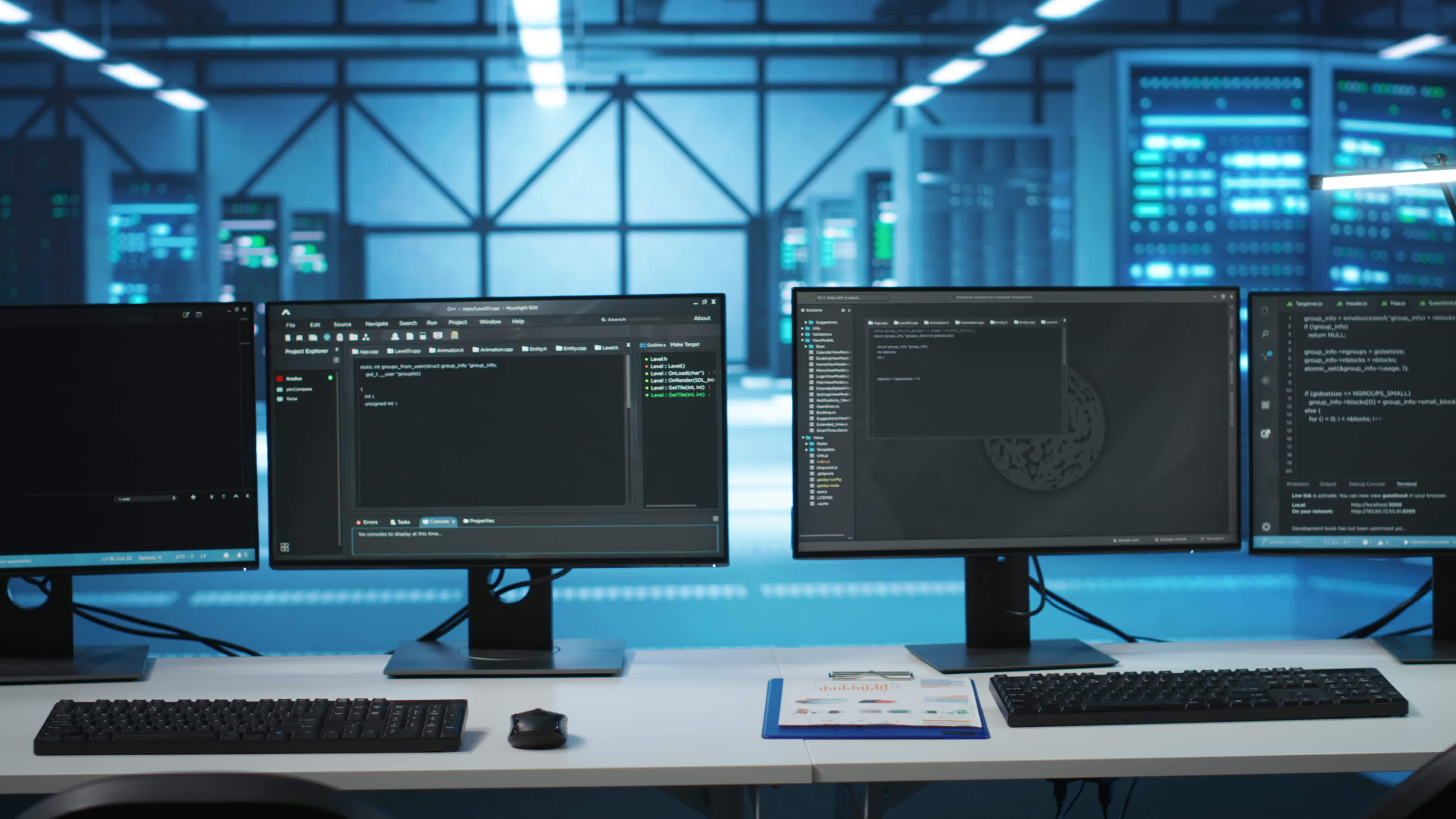 Lines Of Code Running On Computer Screens In Data Center Used For Troubleshooting Rackmounts In
