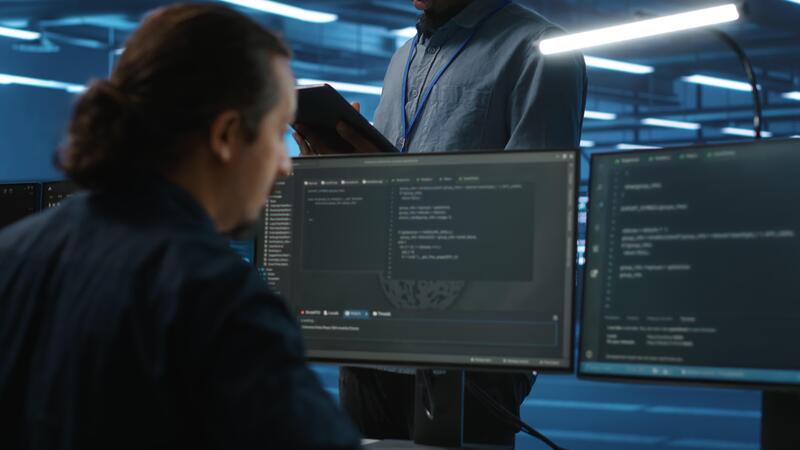 Manager Overseeing Team And Doing System Analysis Of Server Farm Supercomputers Using Tablet