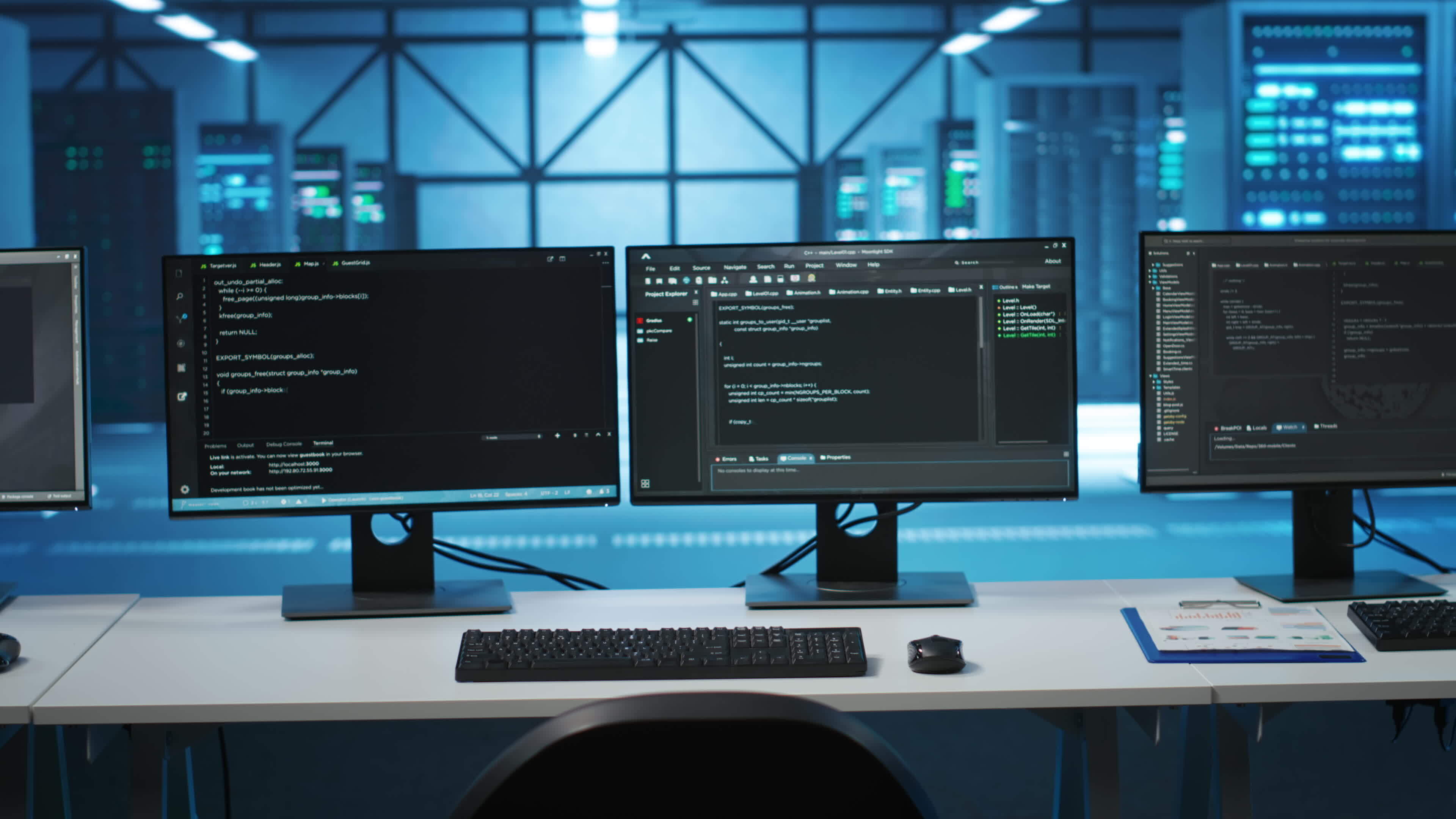 Computers in empty high tech data center establishment monitoring hardware energy consumption ...