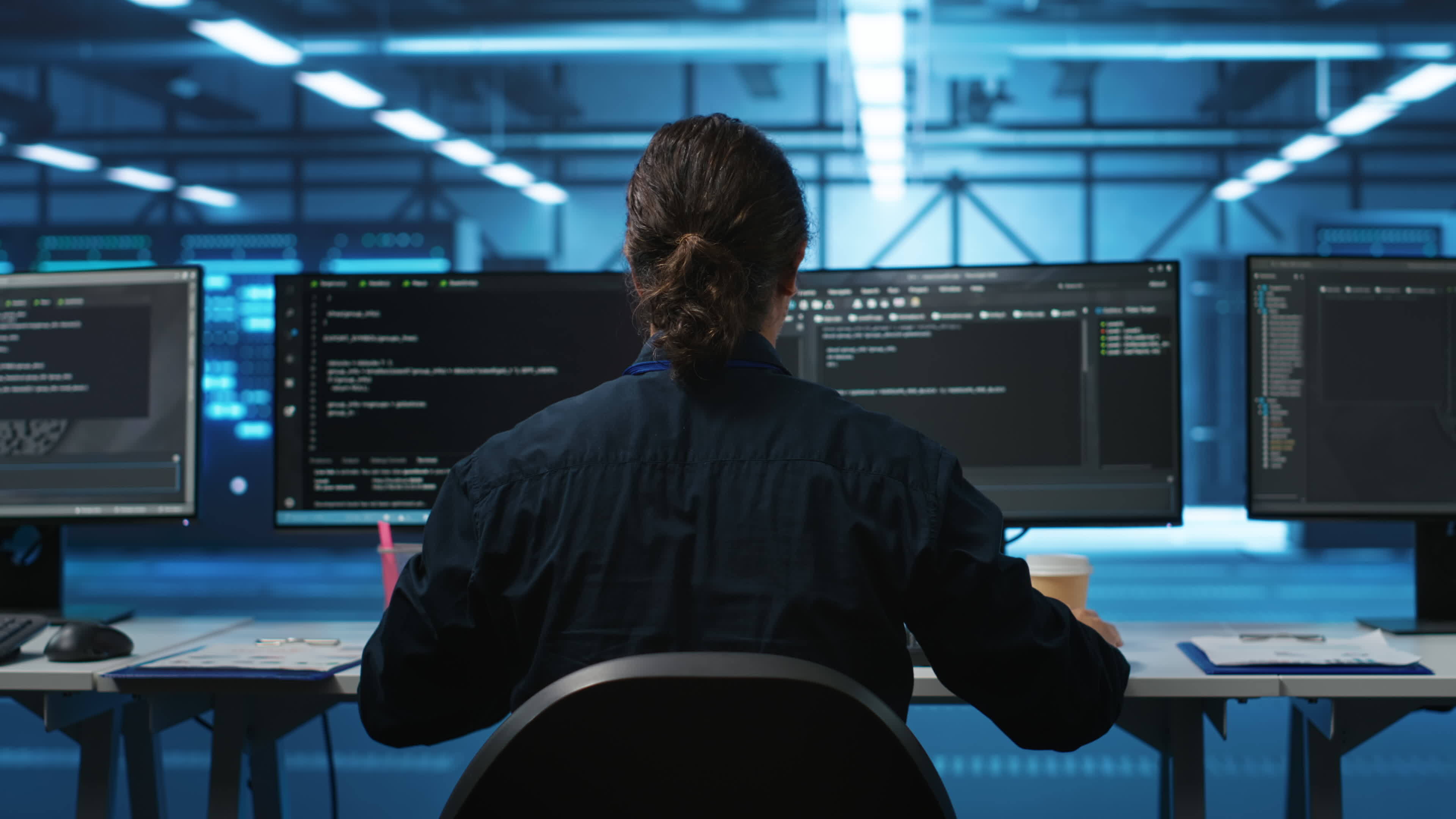 Engineer drinking coffee and programming in server room with equipment ...