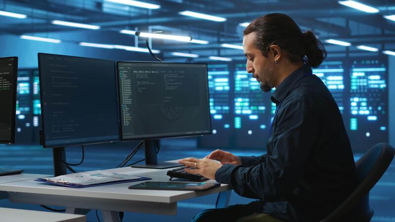 System administrator in server room doing system analysis, coding, doing needed adjustments for ...