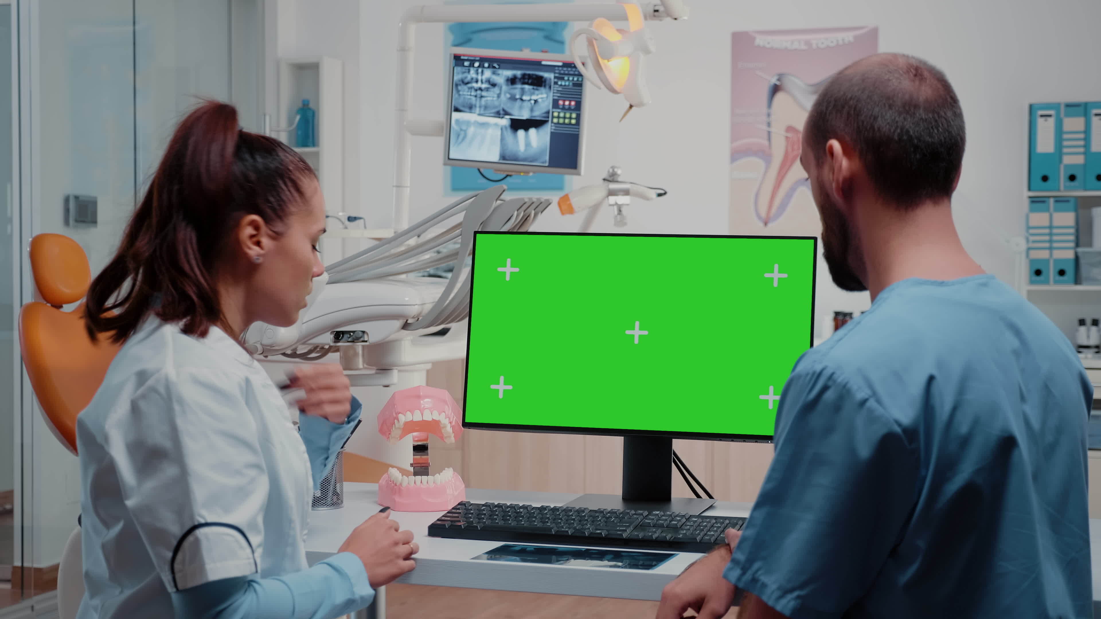 Oral care team analyzing teeth layout while using computer with horizontal green screen on desk ...