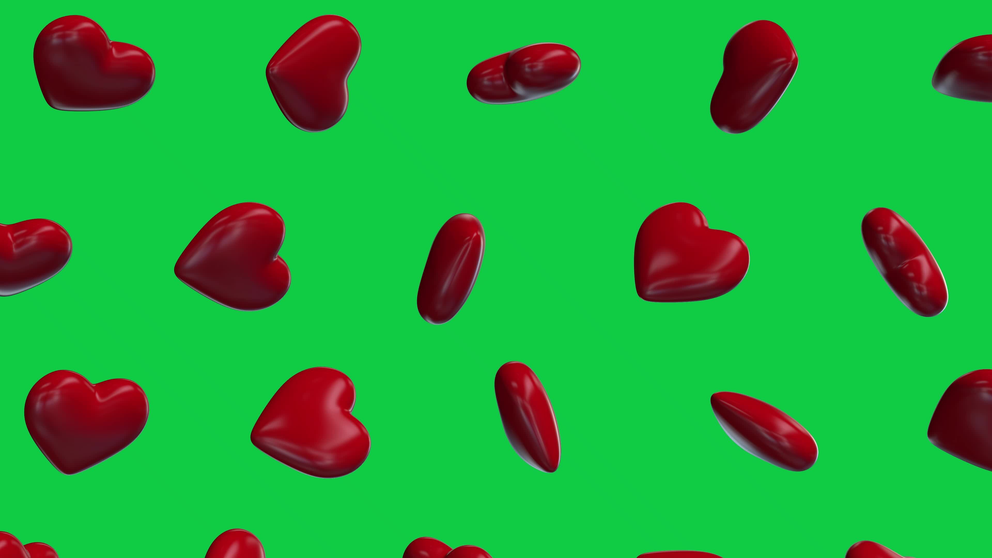 3d red glossy heart shape falling loop animation green screen chroma ...