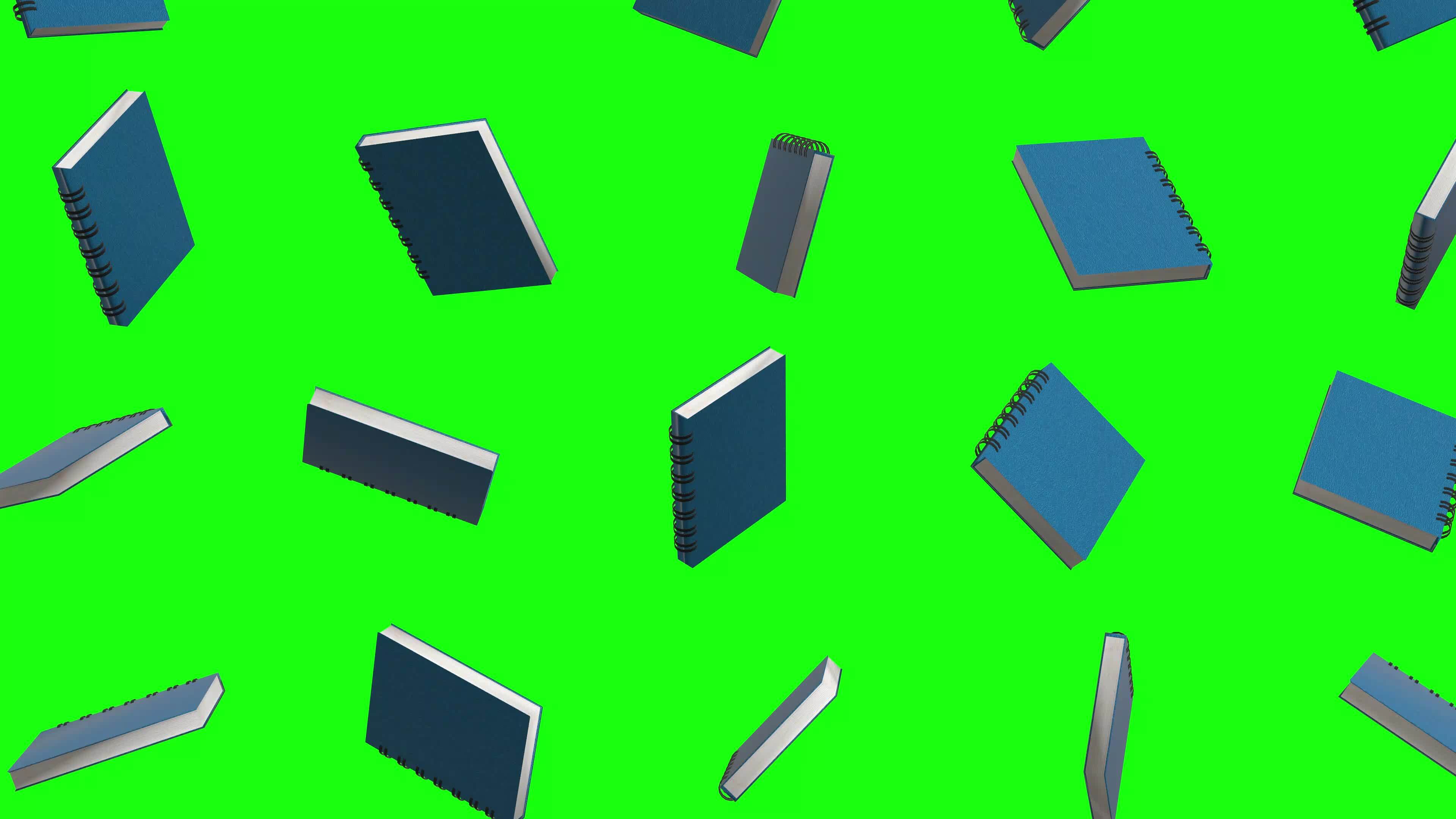 3d notebook falling and rotating loop animation isolated on green ...