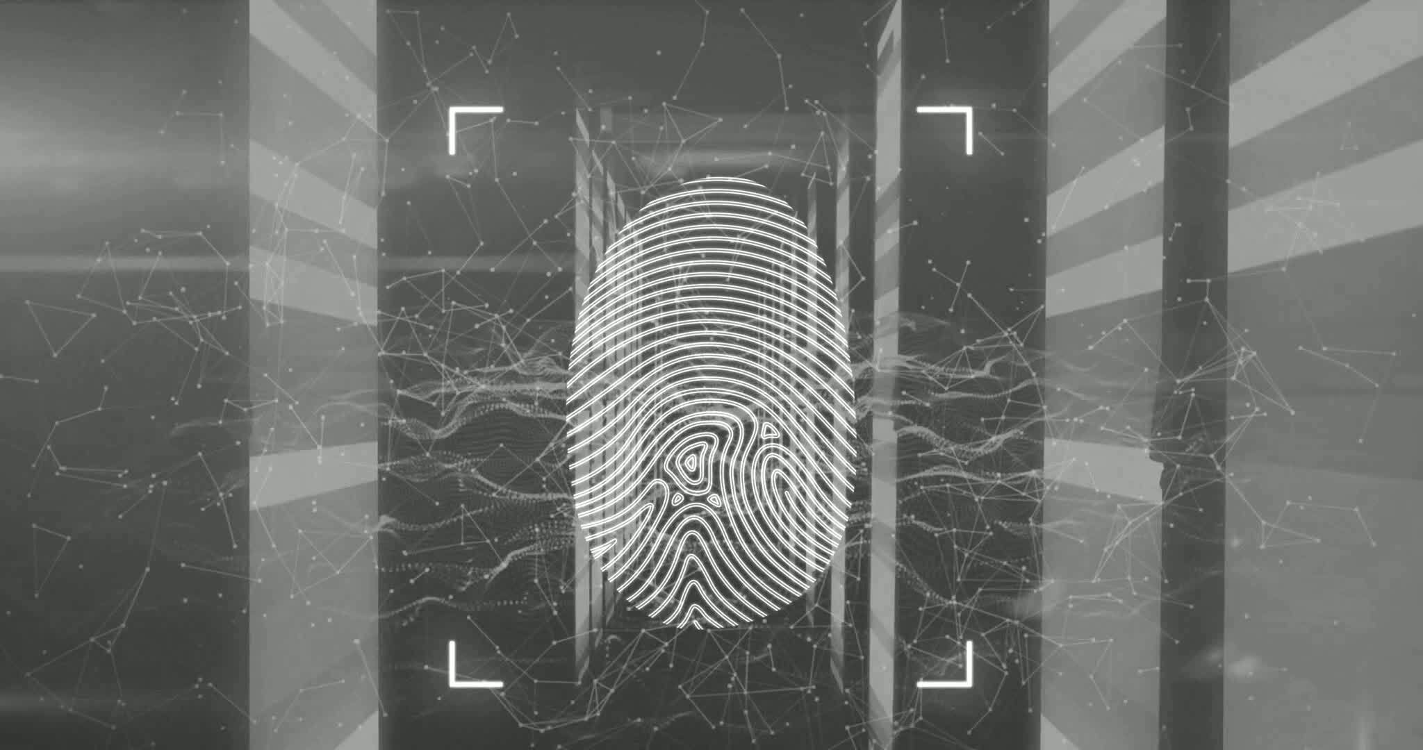Fingerprint scan animation. Biometric identification scanning black and white monochrome footage ...