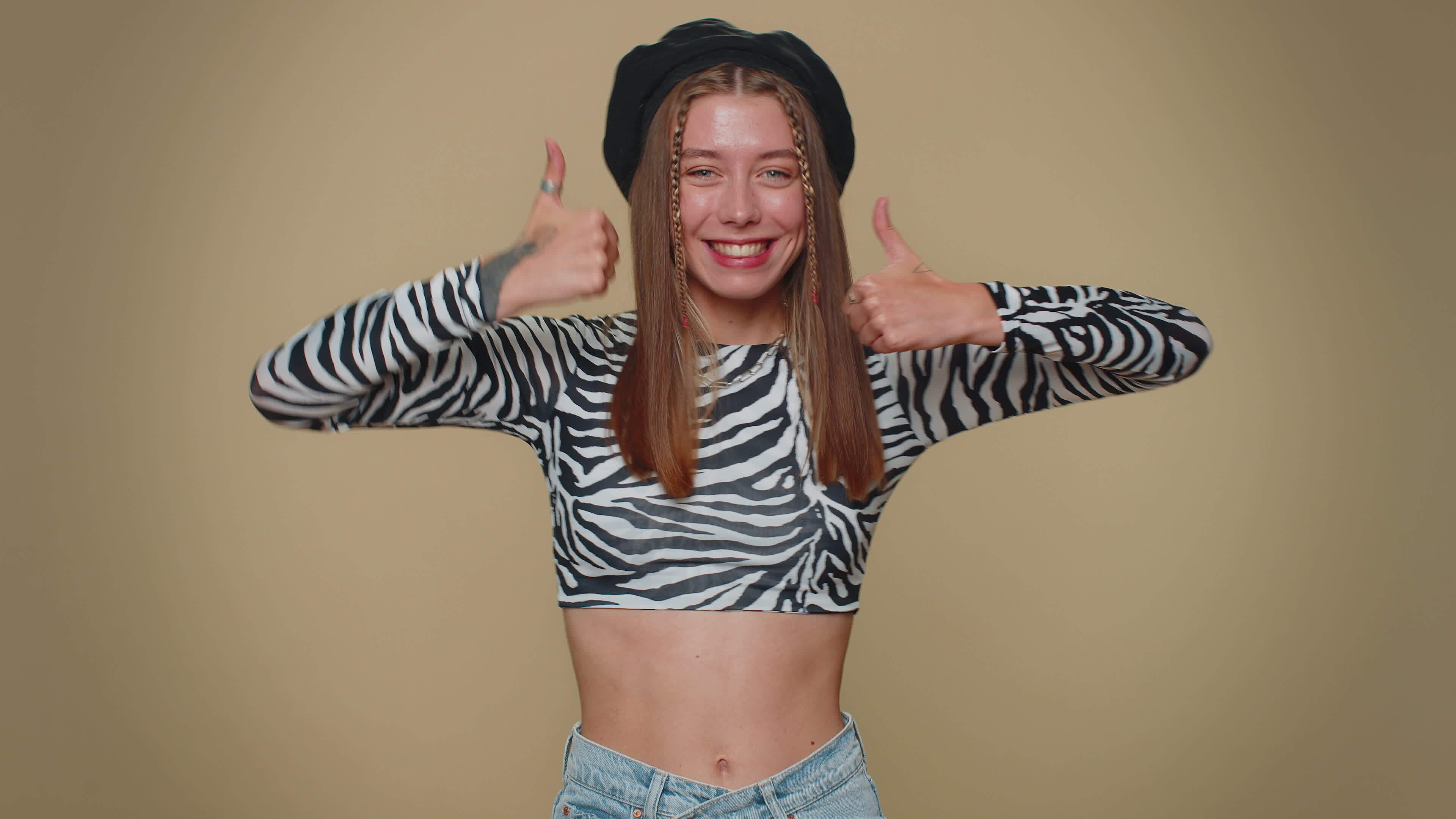 Woman Raises Thumbs Up Agrees Or Gives Positive Reply Recommends
