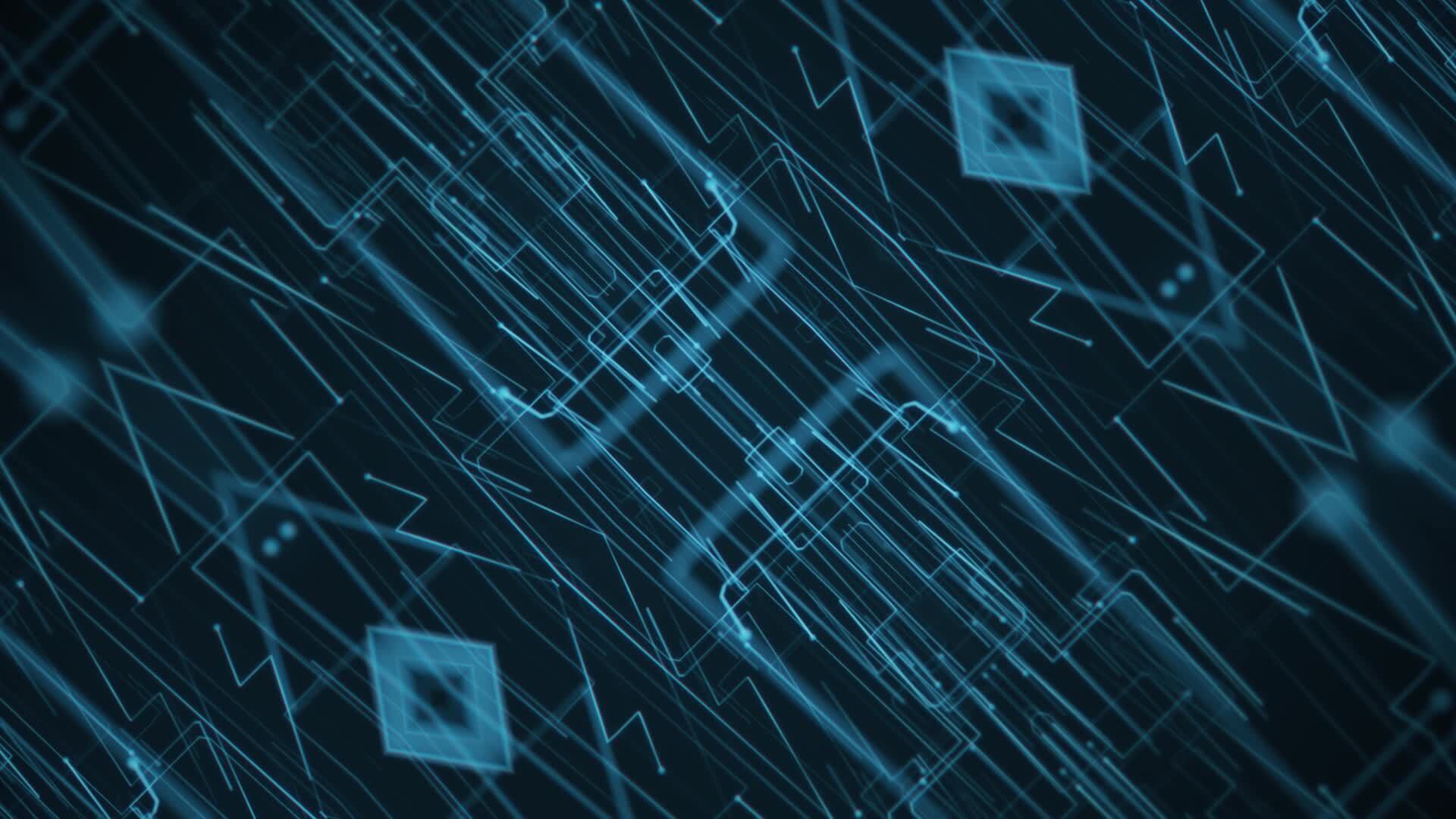 Digital Circuit Board Styled Background With Fast Moving Glowing Digital Data Nodes Streaming