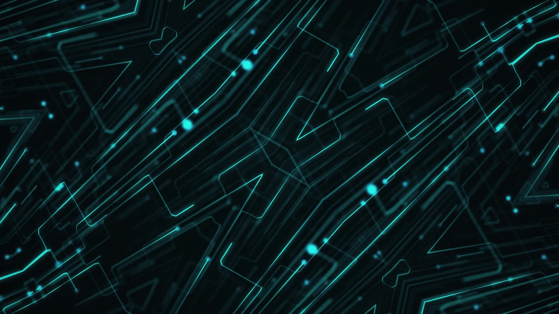 Digital circuit board styled background with fast moving glowing digital data nodes streaming ...