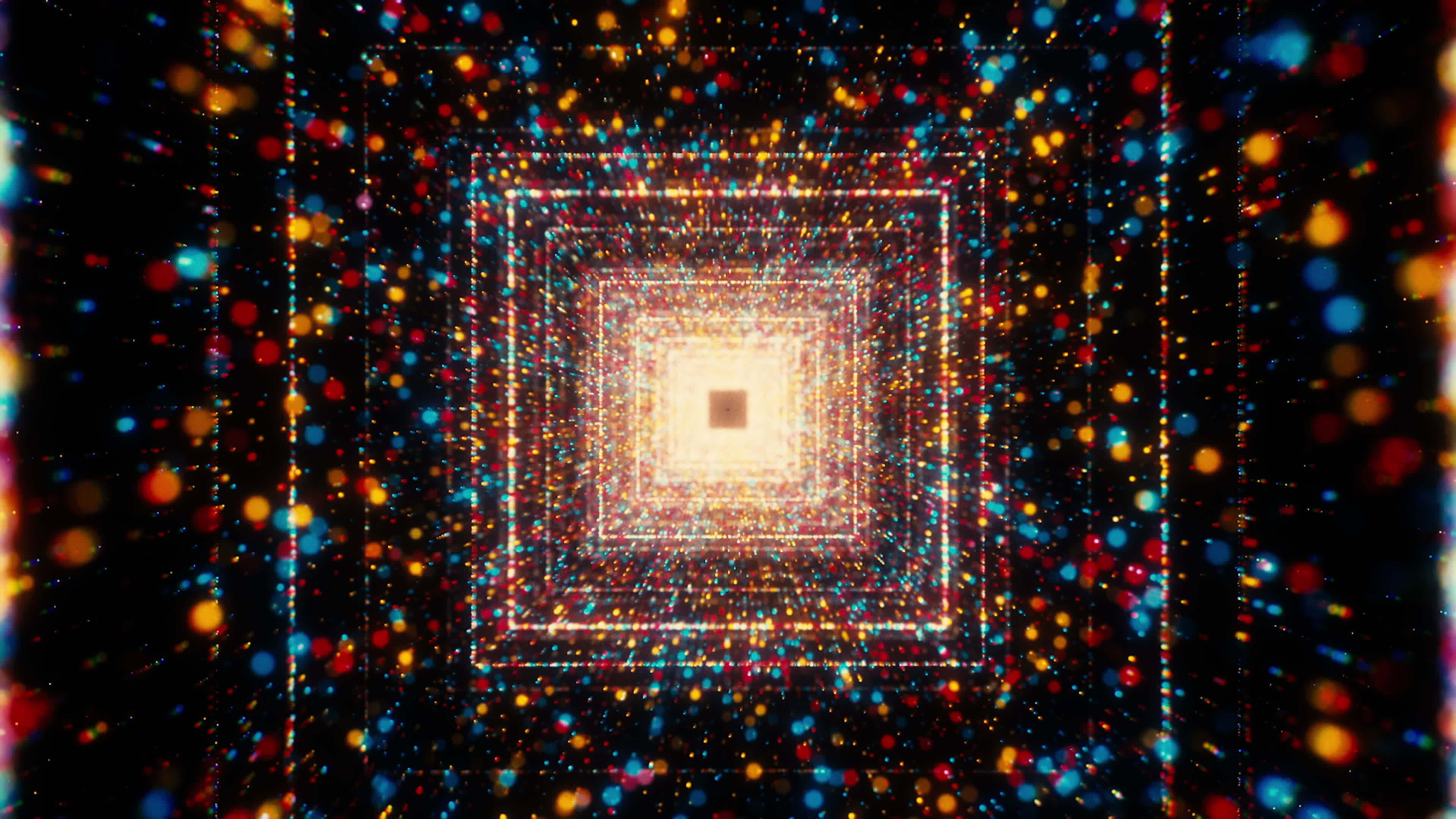 Dark background. Motion. Bright large squares in abstraction fly ...