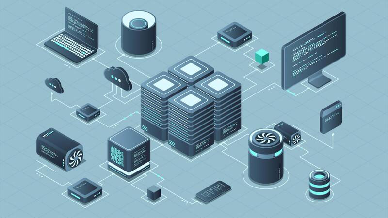 Isometric computer technology animation. Computation of big data center. Cloud computing. Online ...