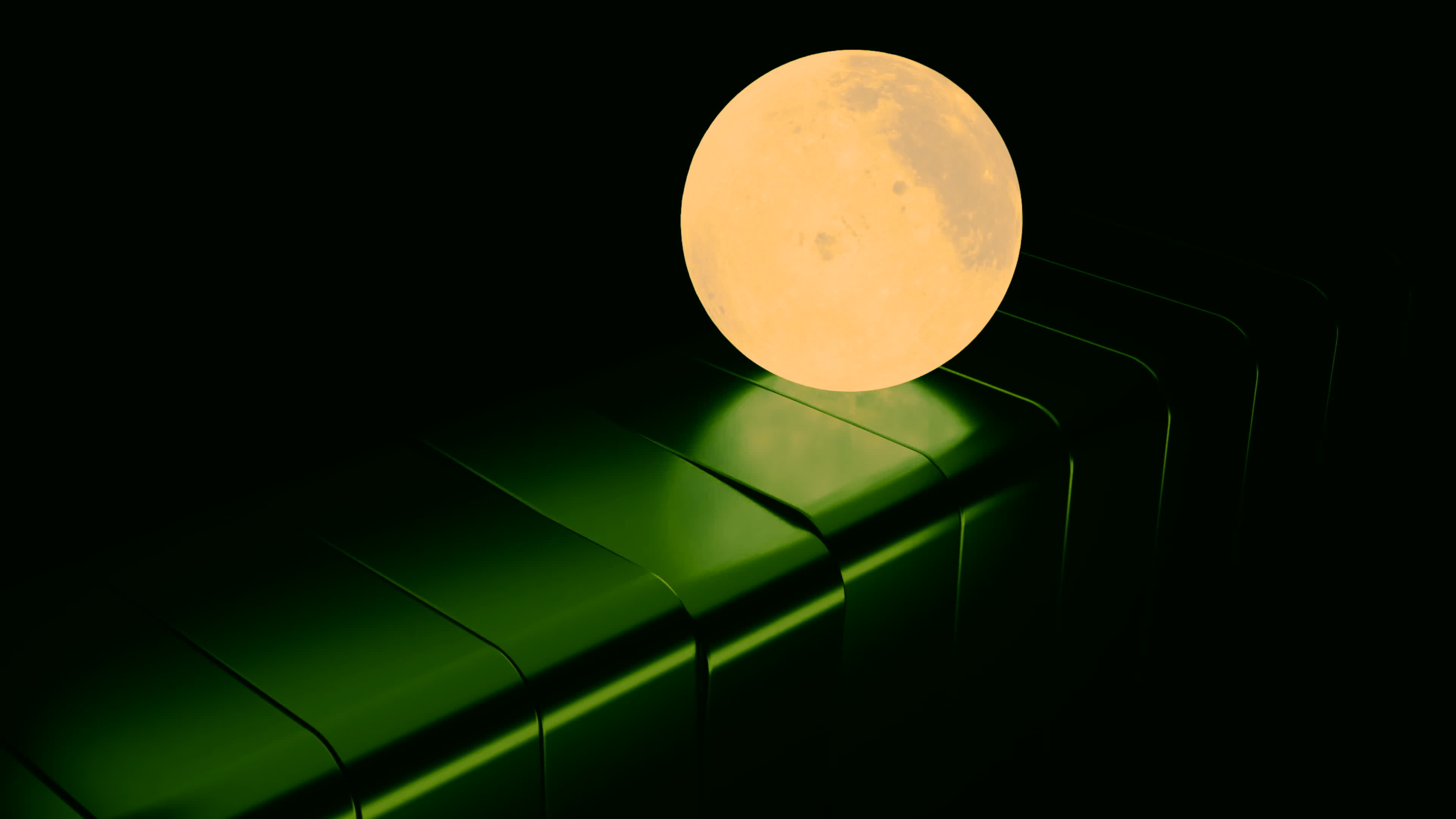 Surreal abstraction with a moon rolling on green line of rotating 3D triangles. Design. A moon ...