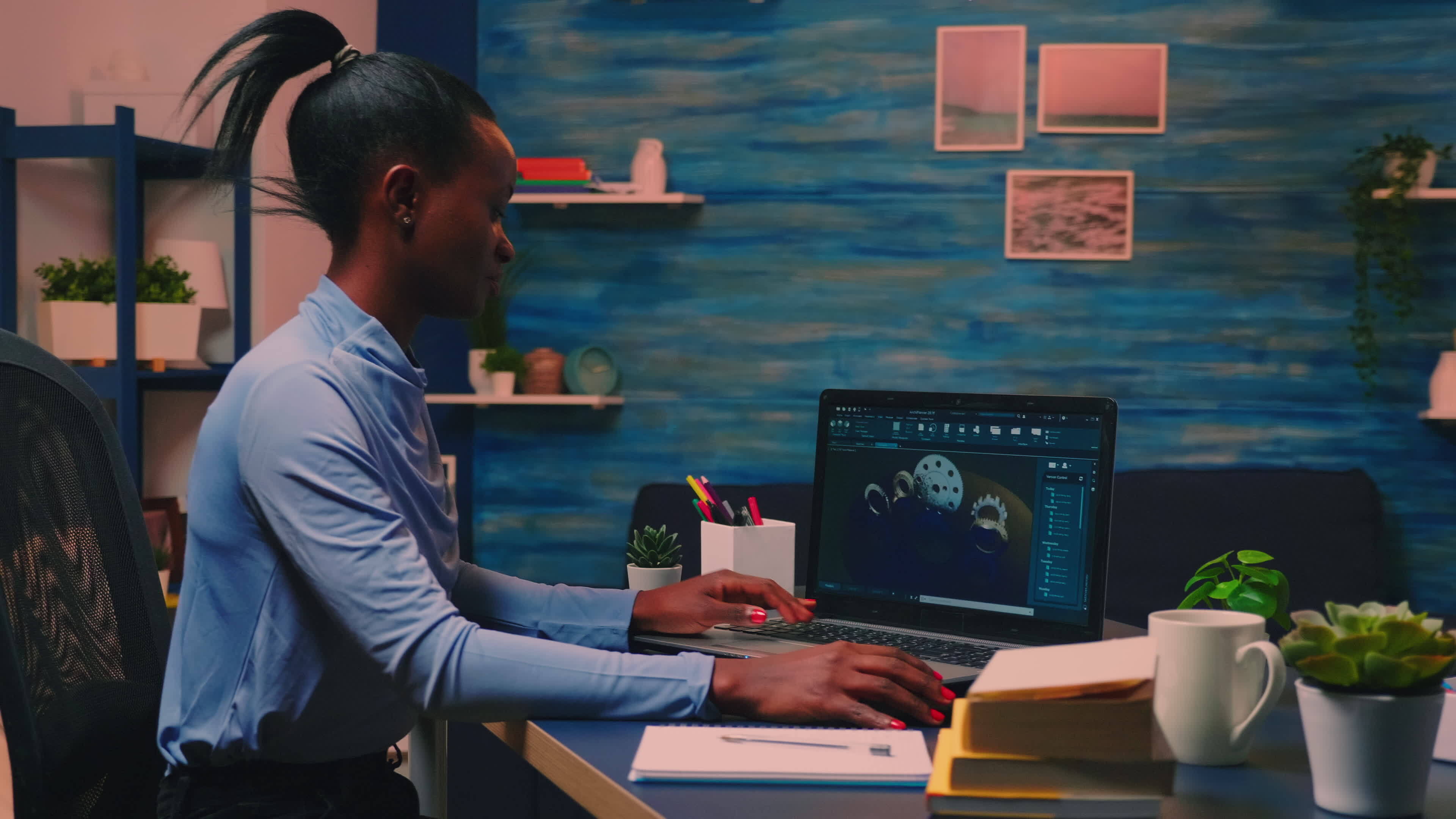 African american remote woman architect working on modern cad program ...