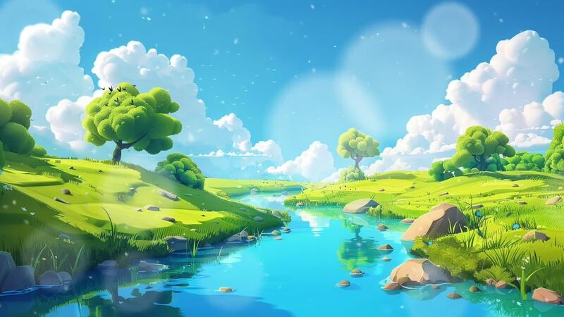 Beautiful fantasy summer natural scenery background animation with Japanese anime watercolor painting illustration style